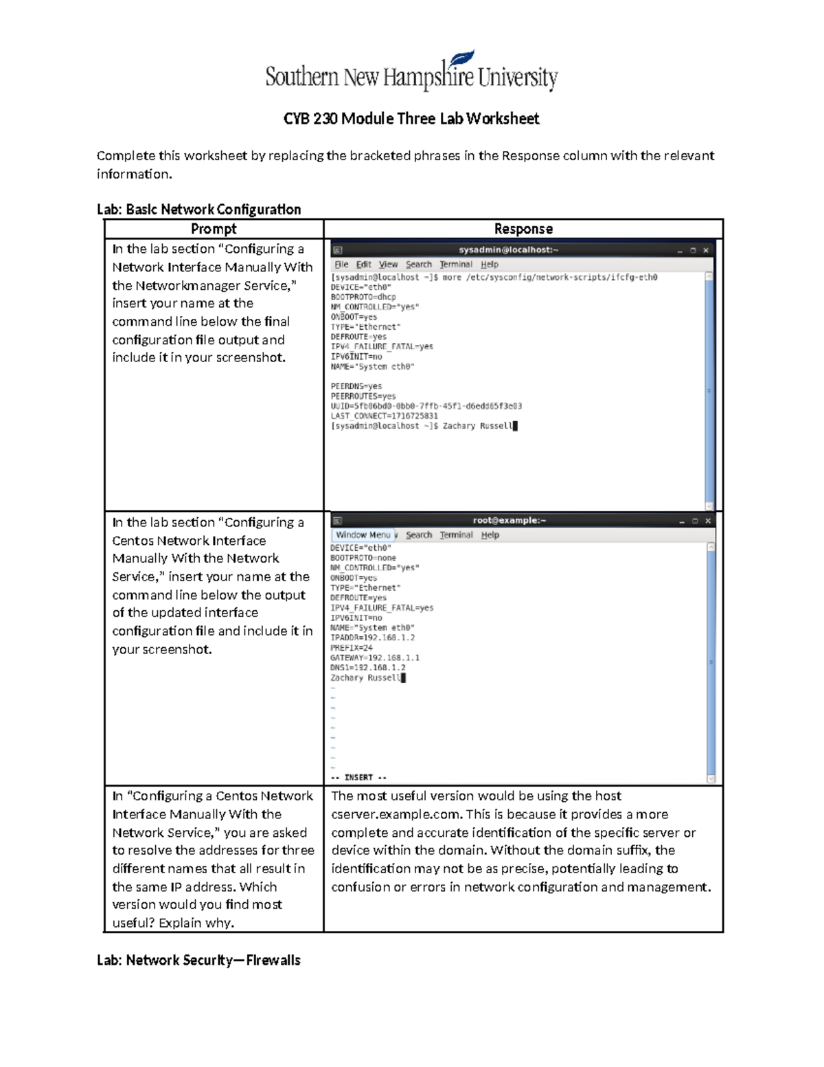 CYB 230 Module Three Lab Worksheet: Network Configuration & Security - Studocu