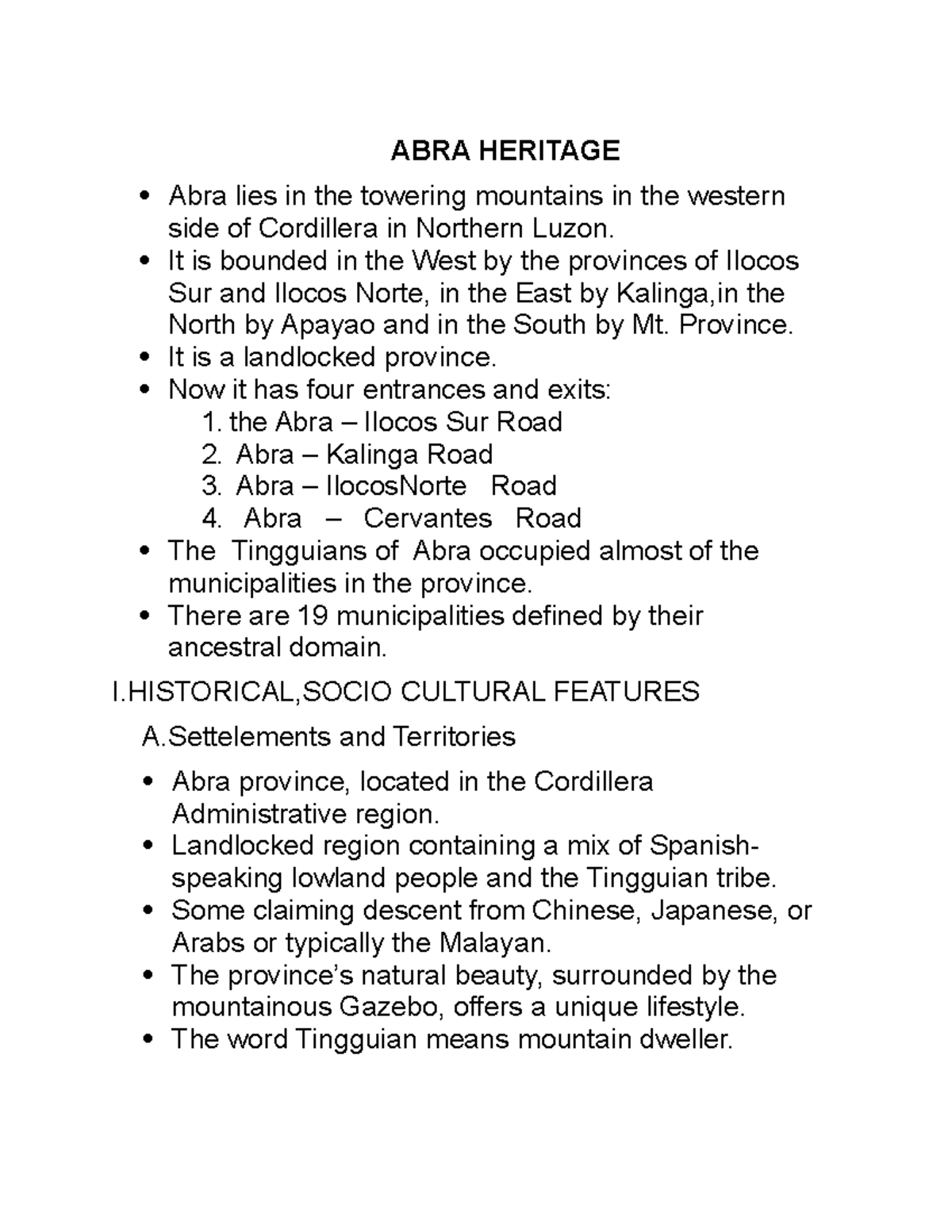 Abra Heritage: Historical and Cultural Summary of the Province - Studocu