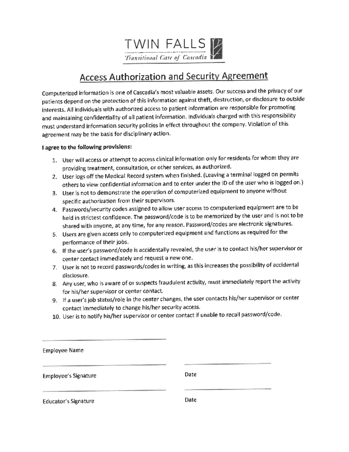 TWIN FALLS Transitional Care of Cascadia: Access & Security Agreement ...