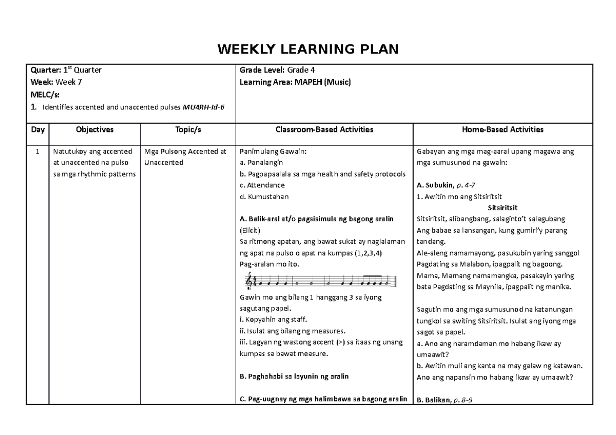 Music 4 Weekly Learning Plan for 1st Quarter - Week 7 - Studocu