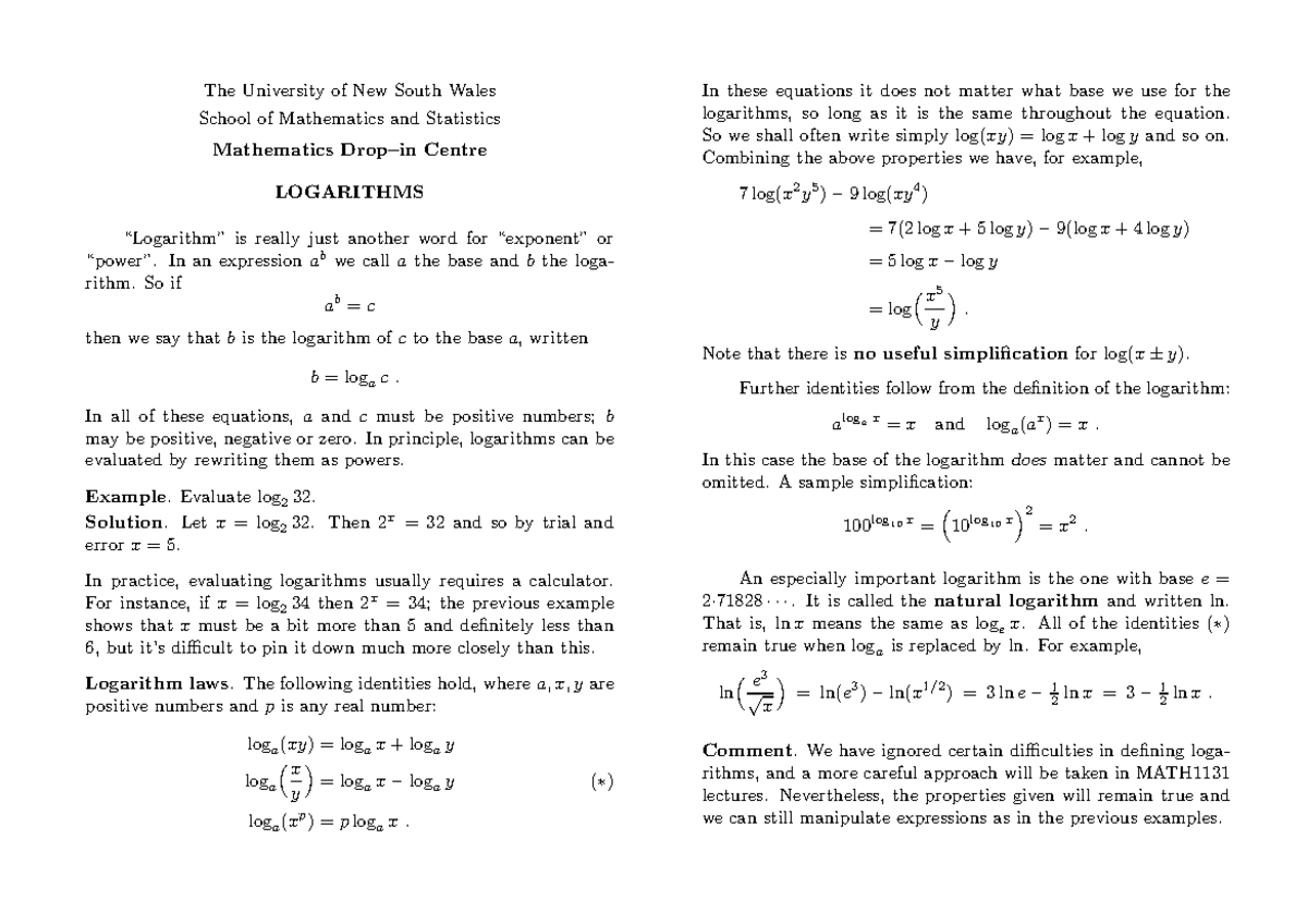 MATH1131 Lecture Notes: Understanding Logarithms and Their Properties ...
