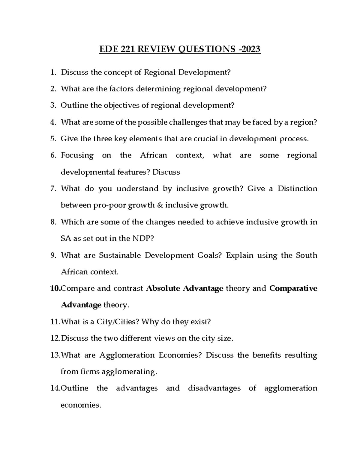 EDE 221 Final Exam Review Questions on Regional Development - Studocu