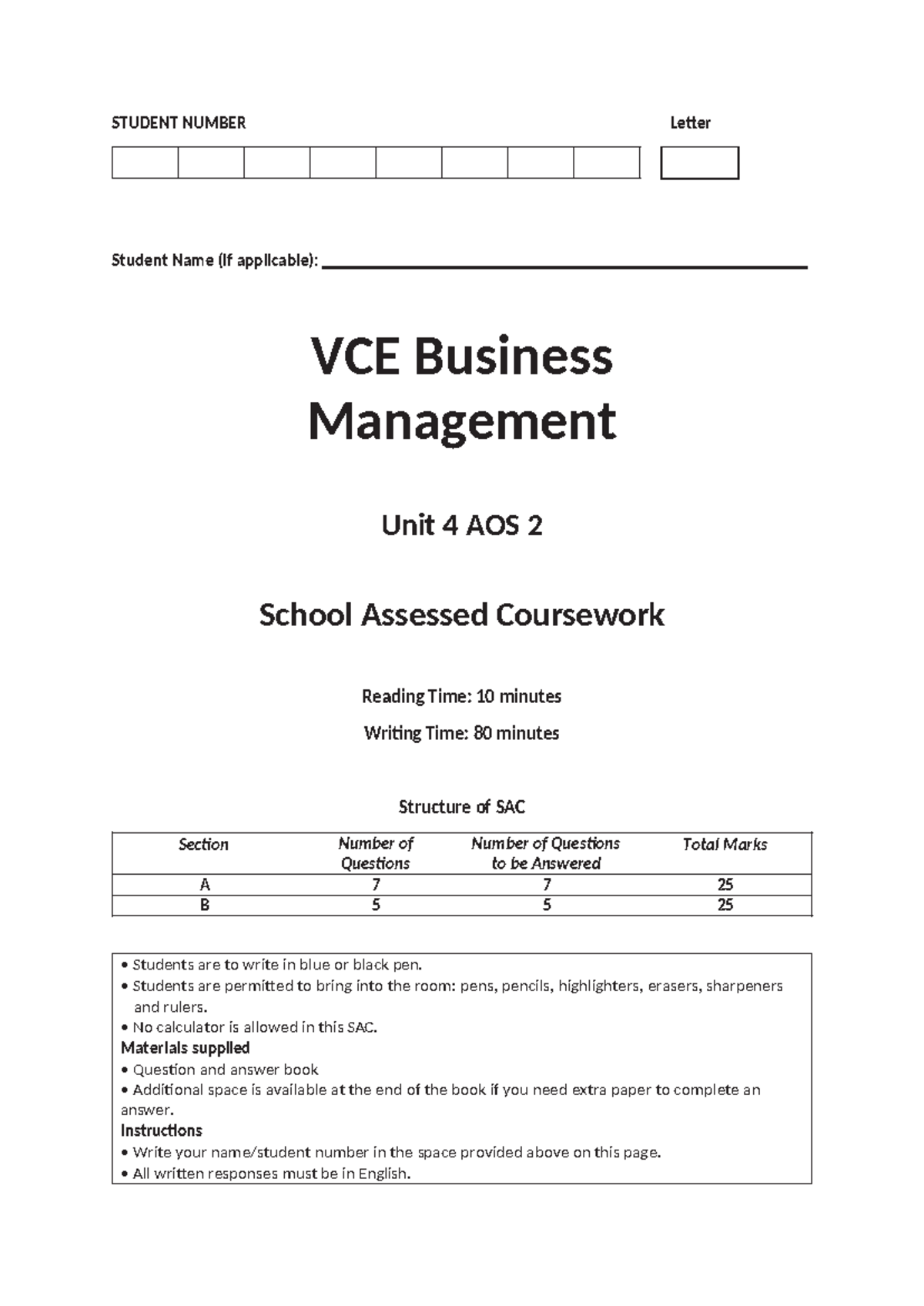 Practice SAC 1 - VCE Business Management Unit 4 AOS 2 - Studocu