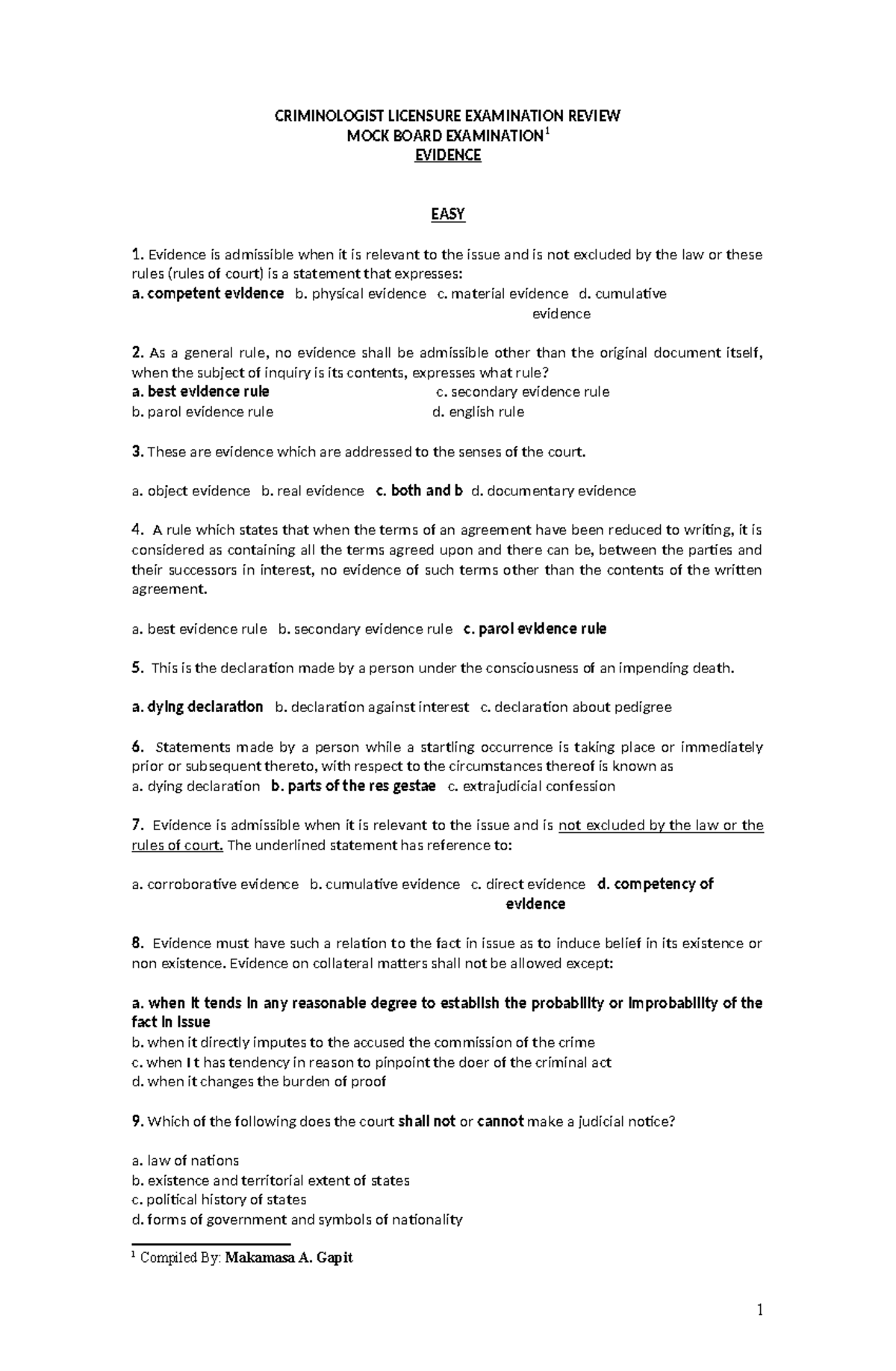MOCK Board Exam Notes on Criminal Evidence (Crim 101) - Studocu
