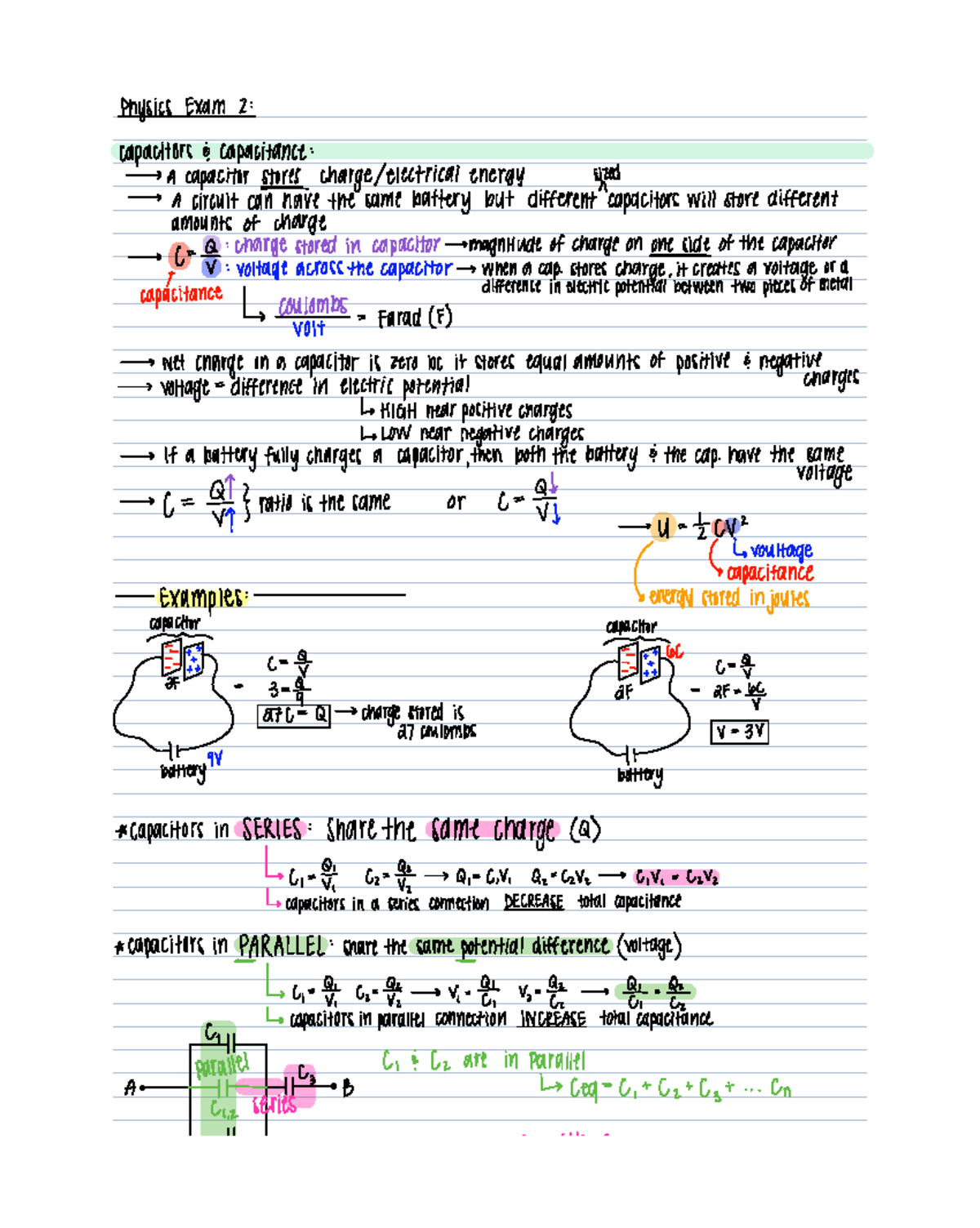 Physics Exam 2: Notes on Capacitors, Resistors & Ohm's Law Concepts ...