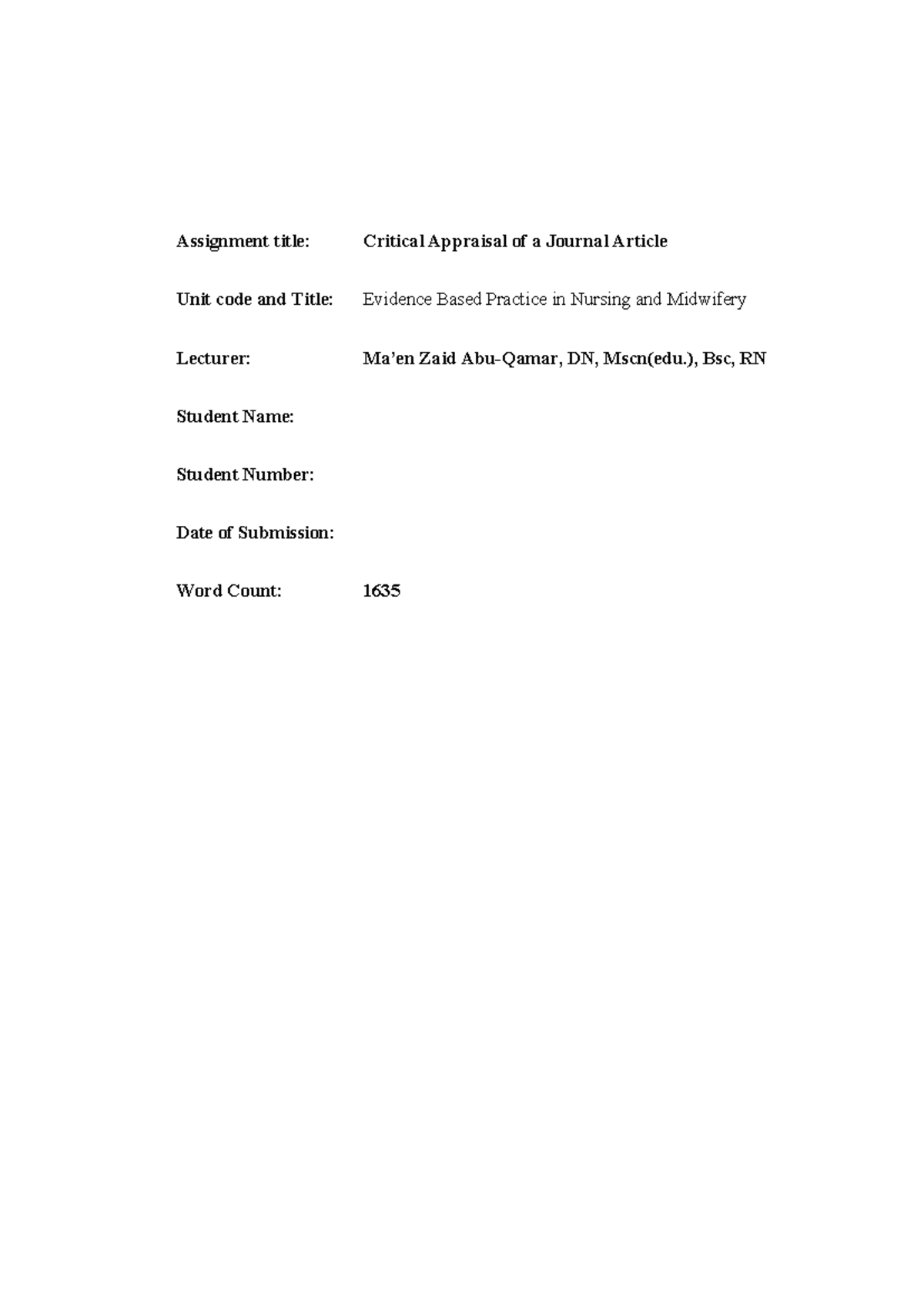 Critical Appraisal of a Journal Article (Evidence Based Practice in ...