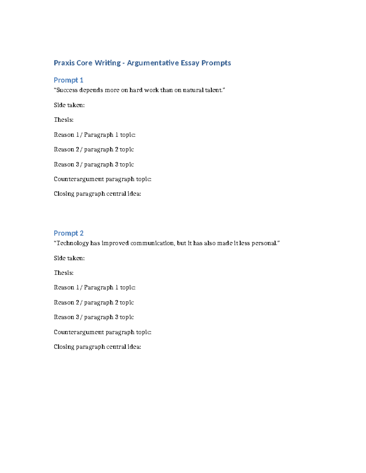 Praxis Core Writing: Argumentative Essay Prompts Overview - Studocu
