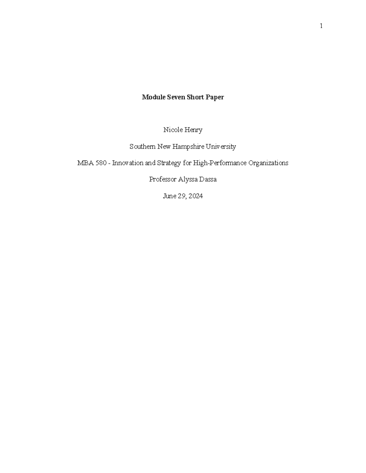 MBA 580 Module Seven Short Paper: Metrics for Innovation - Studocu