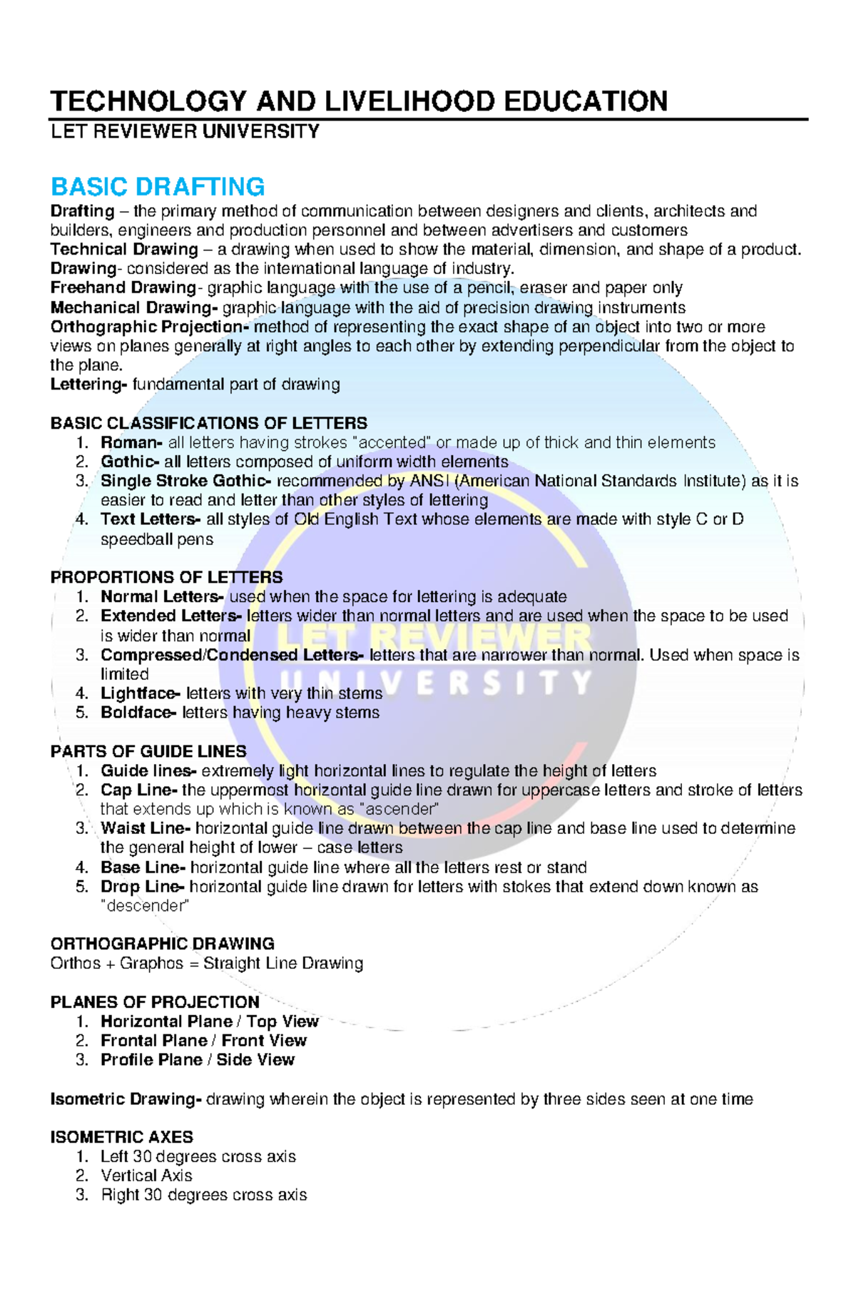 TLE-NOTE-A - derek - TECHNOLOGY AND LIVELIHOOD EDUCATION LET REVIEWER UNIVERSITY BASIC DRAFTING ...