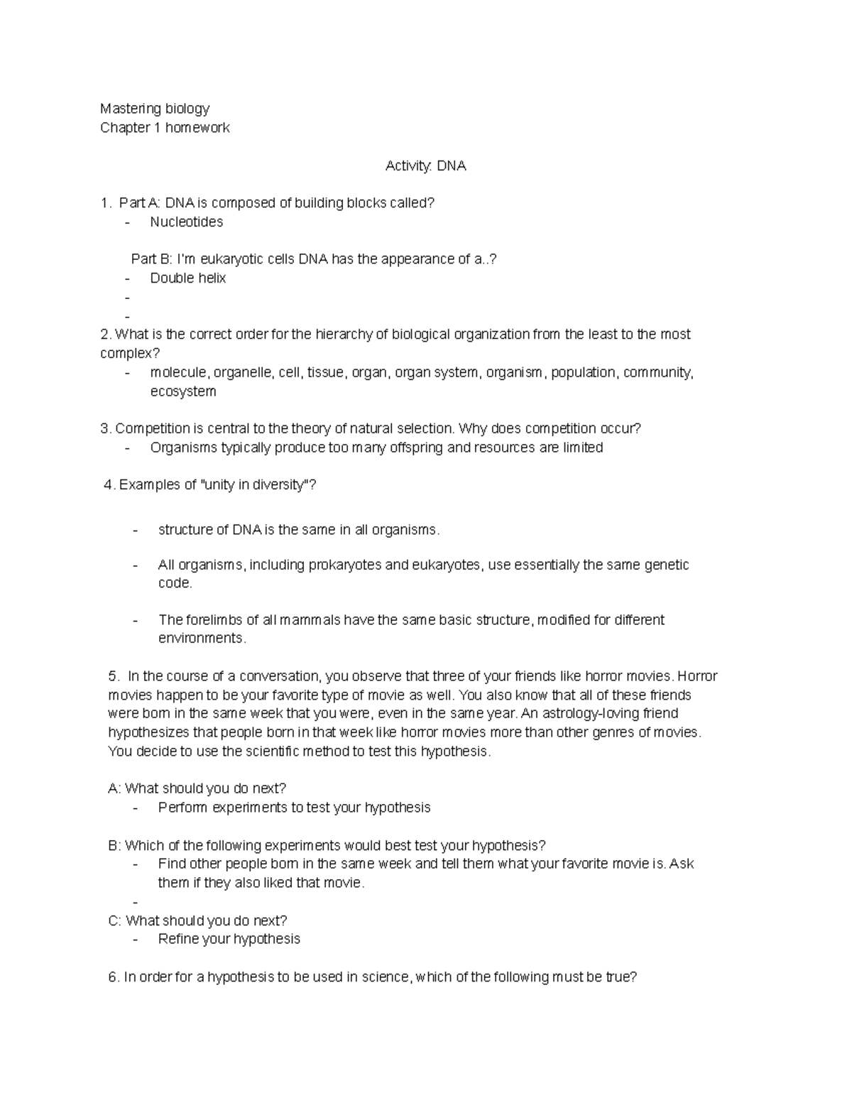 Mastering biology ch1 DNA - Mastering biology Chapter 1 homework ...