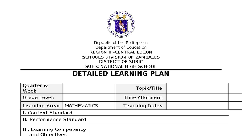 Detailed Learning Plan for Mathematics - Grade Level 7 (7Es Template ...