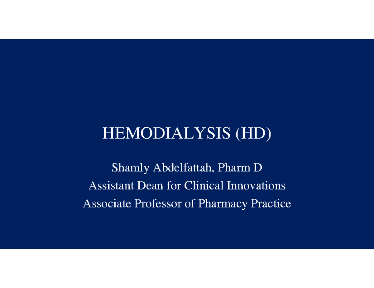 HEMODIALYSIS (HD) & PERITONEAL DIALYSIS Overview - PharmD Course Notes ...