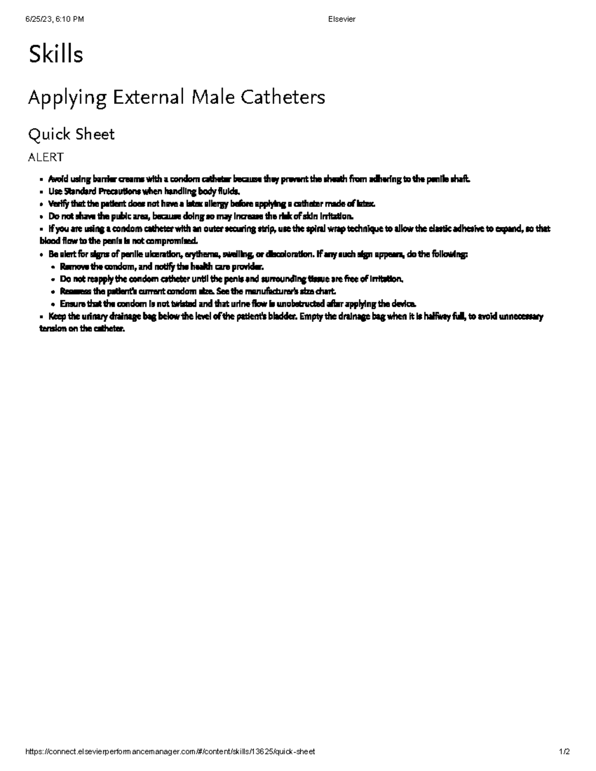 Applying External Male Catheters: Skills Quick Reference Guide - Studocu