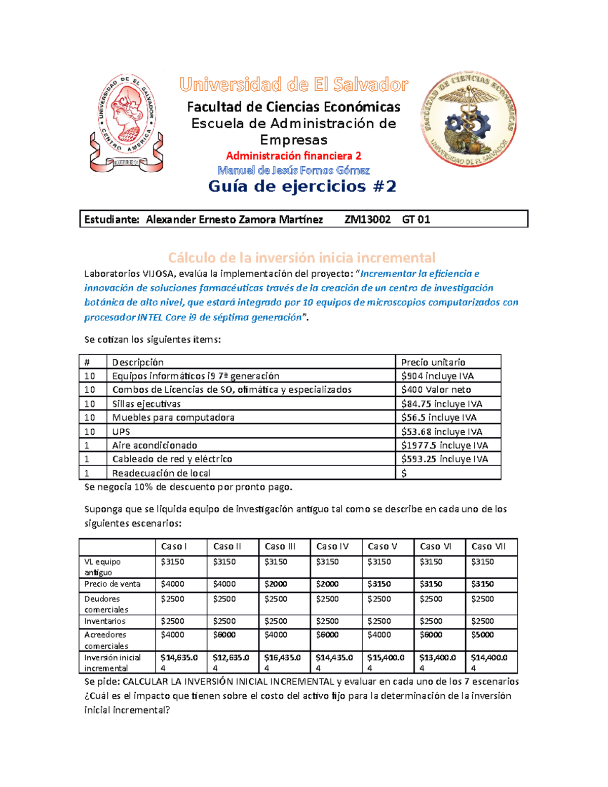 AF2 Guía de Ejercicios #2a: Cálculo de Inversión Inicial Incremental - Studocu