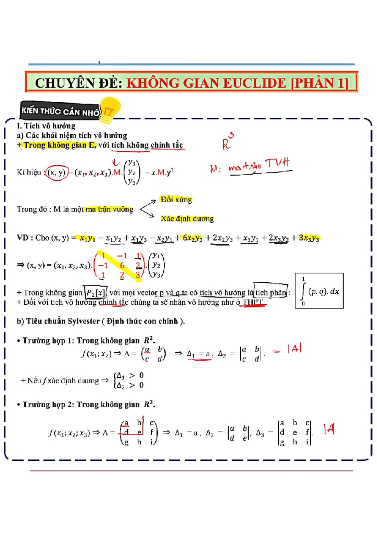 Không Gian Euclide - Tích Vô Hướng Vecto Dạng 1: Chuyên Đề BTGH - Studocu
