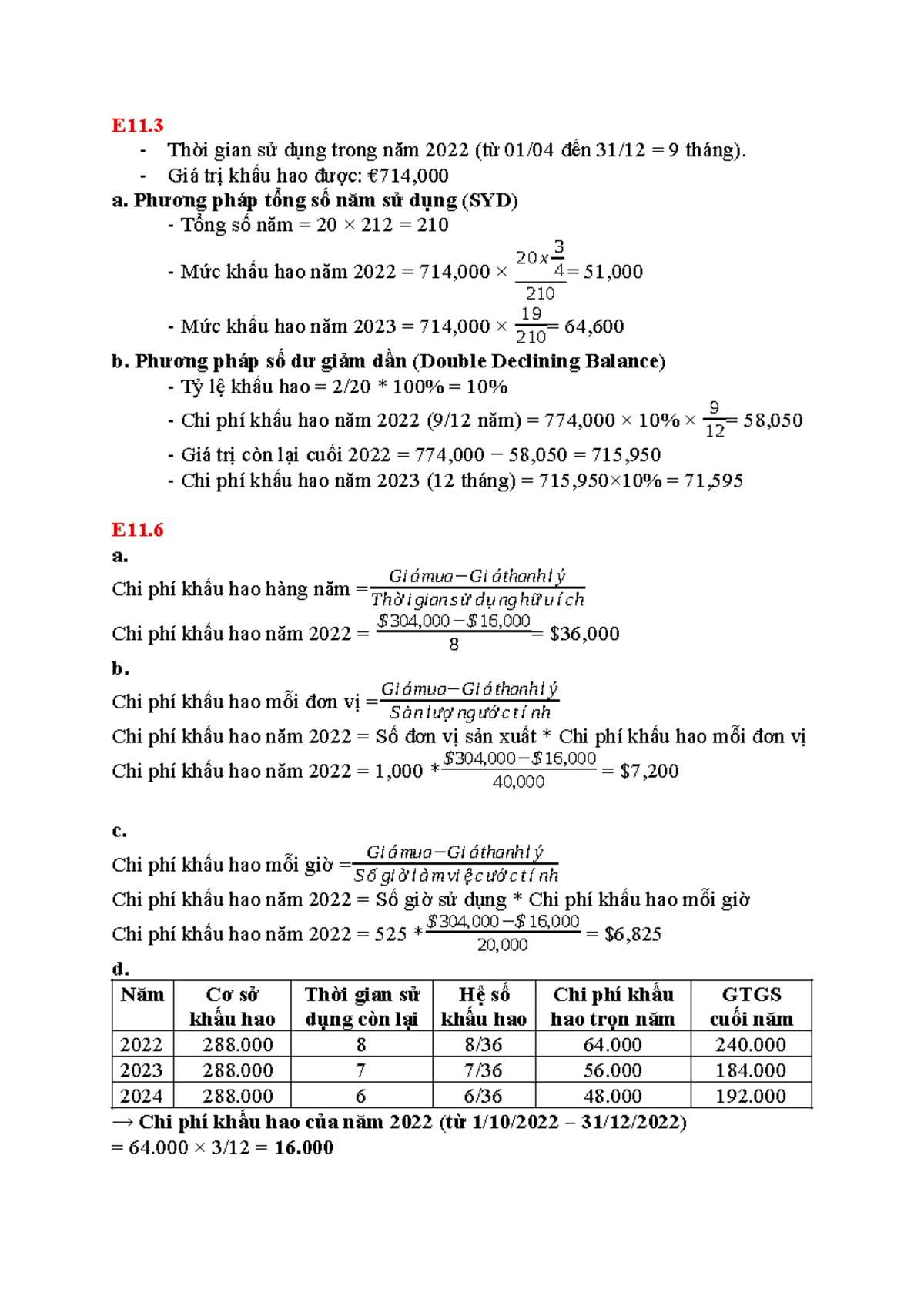 E11.3 Bài Tập Khấu Hao Tài Sản Năm 2022 - Chương 2 - Studocu