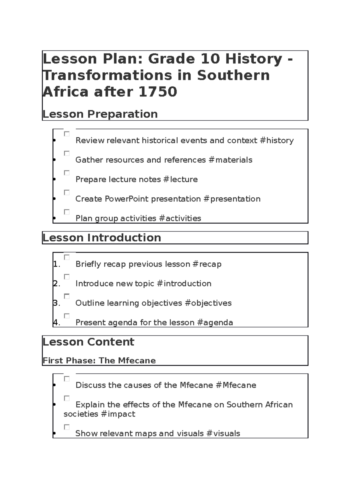 Grade 10 History Lesson Plan: Transformations in Southern Africa - Studocu