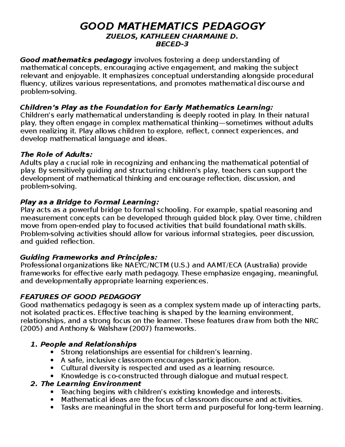 Good Mathematics Pedagogy: Insights for Unit 2 Numeracy Development ...