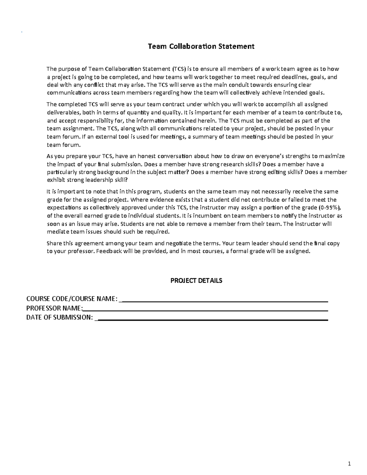 Team Collaboration Statement (TCS) for Project Success - Studocu