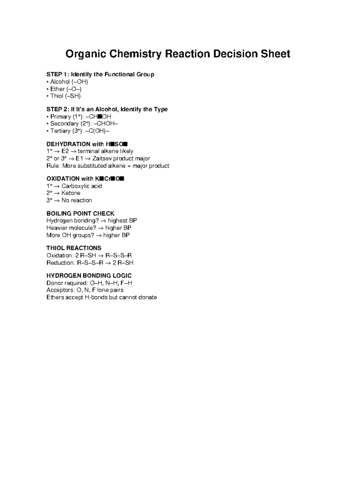 Org Chem Reaction Decision Sheet - Organic Chemistry Reaction Decision ...