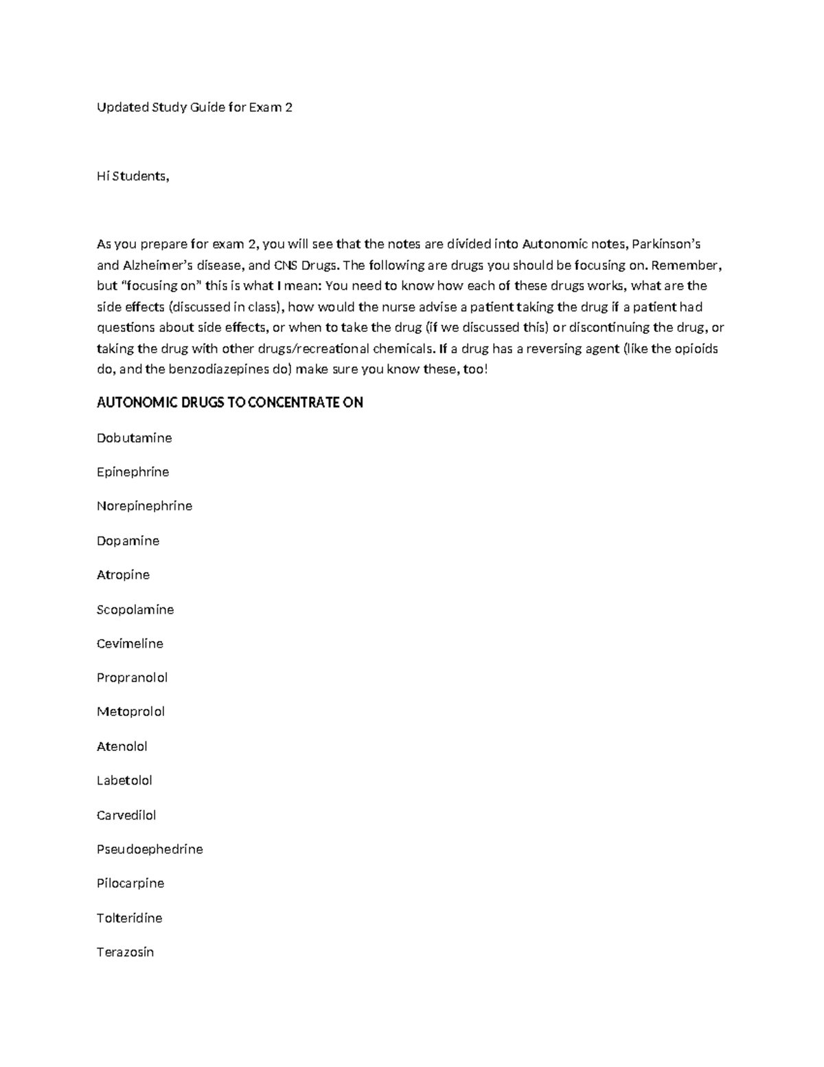Updated Study Guide for Exam 2: CNS Drugs & Key Medications - Studocu