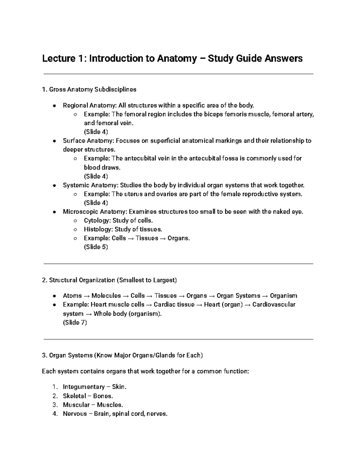 Anatomy 101: Lecture 1 Study Guide on Gross Anatomy and Body Systems ...