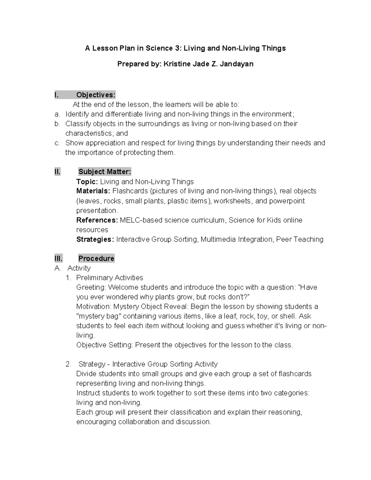 4As Lesson Plan: Living & Non-Living Things - Science 3 - Studocu