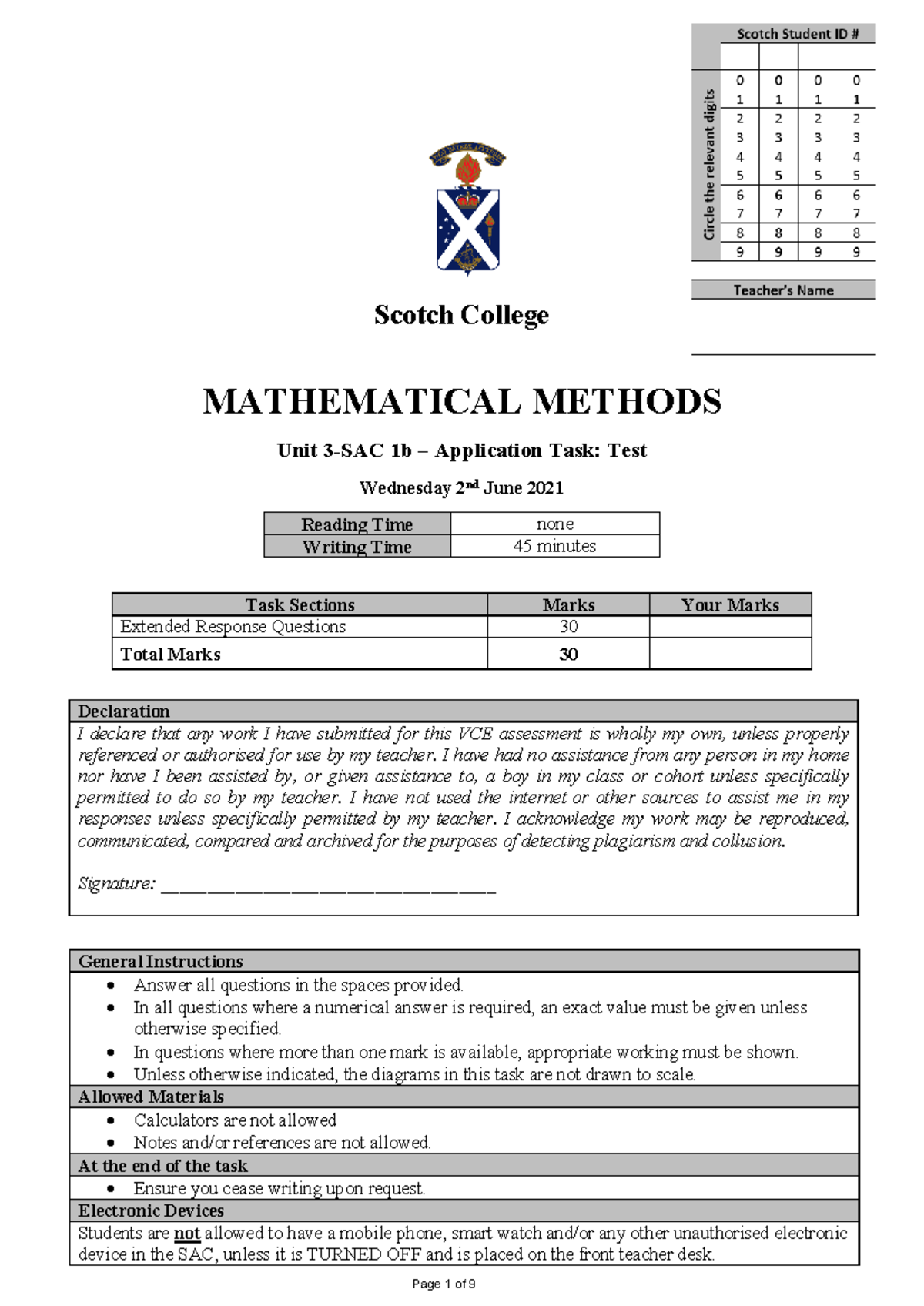 SC 2021 MATHEMATICAL METHODS Unit 1b Application Task Exam - Studocu