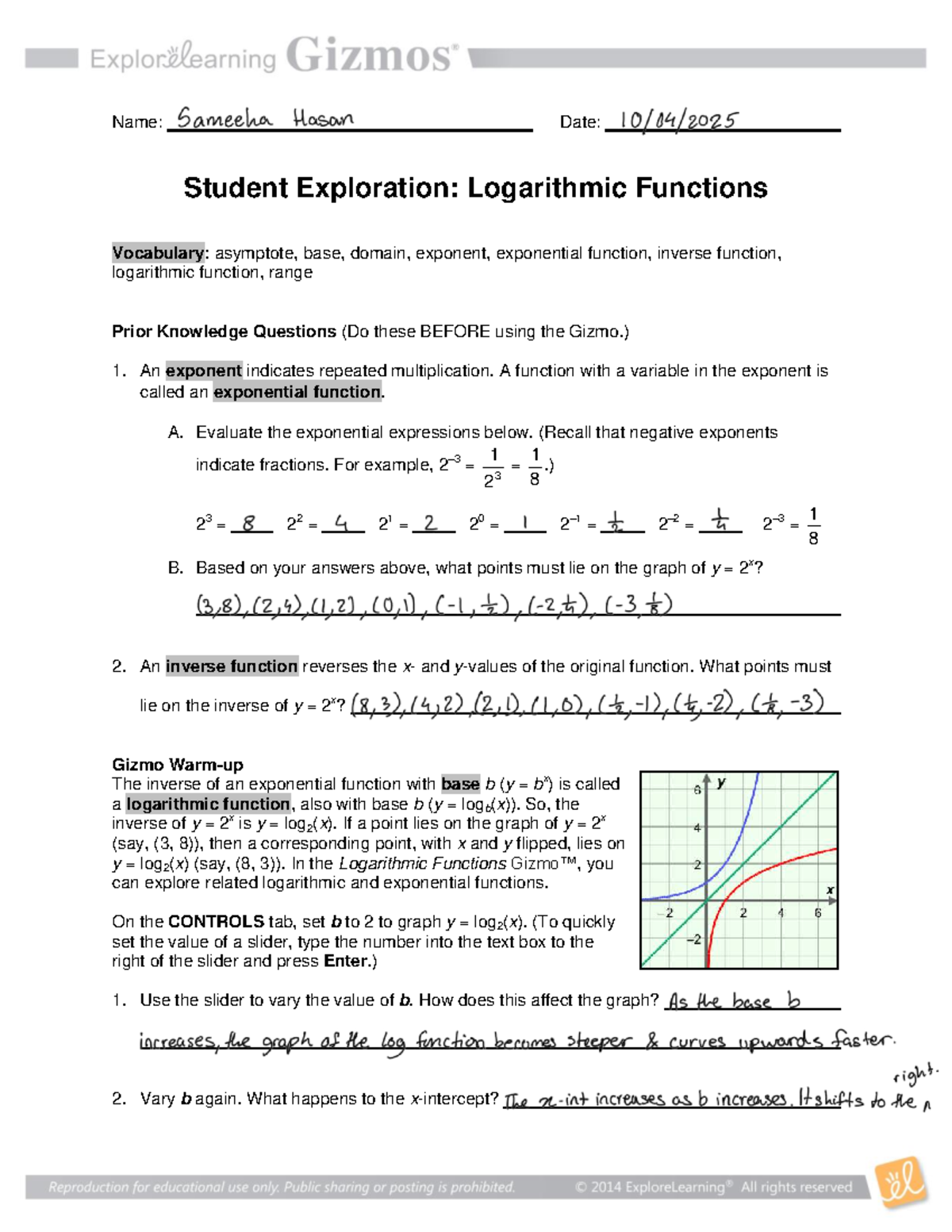 MHF4U-Unit 3: Student Exploration on Logarithmic Functions - Studocu