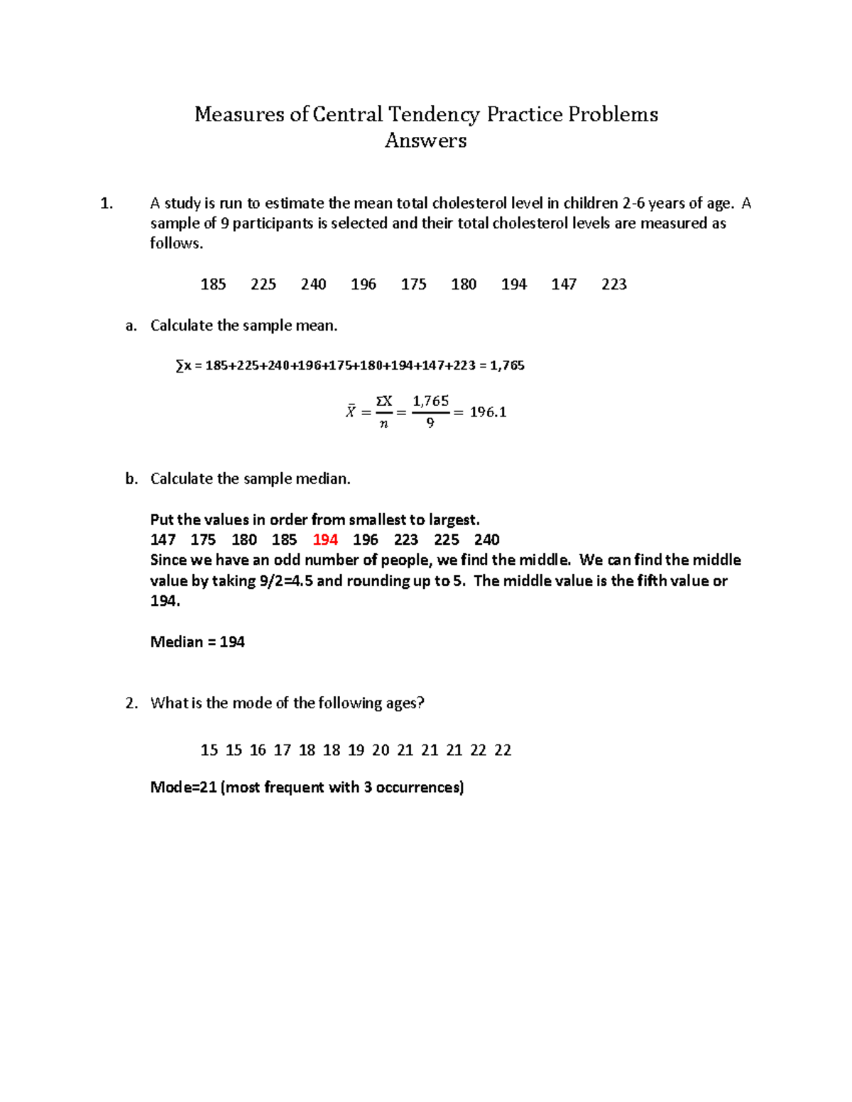 Measures of Central Tendency: Practice Problems & Solutions - Studocu