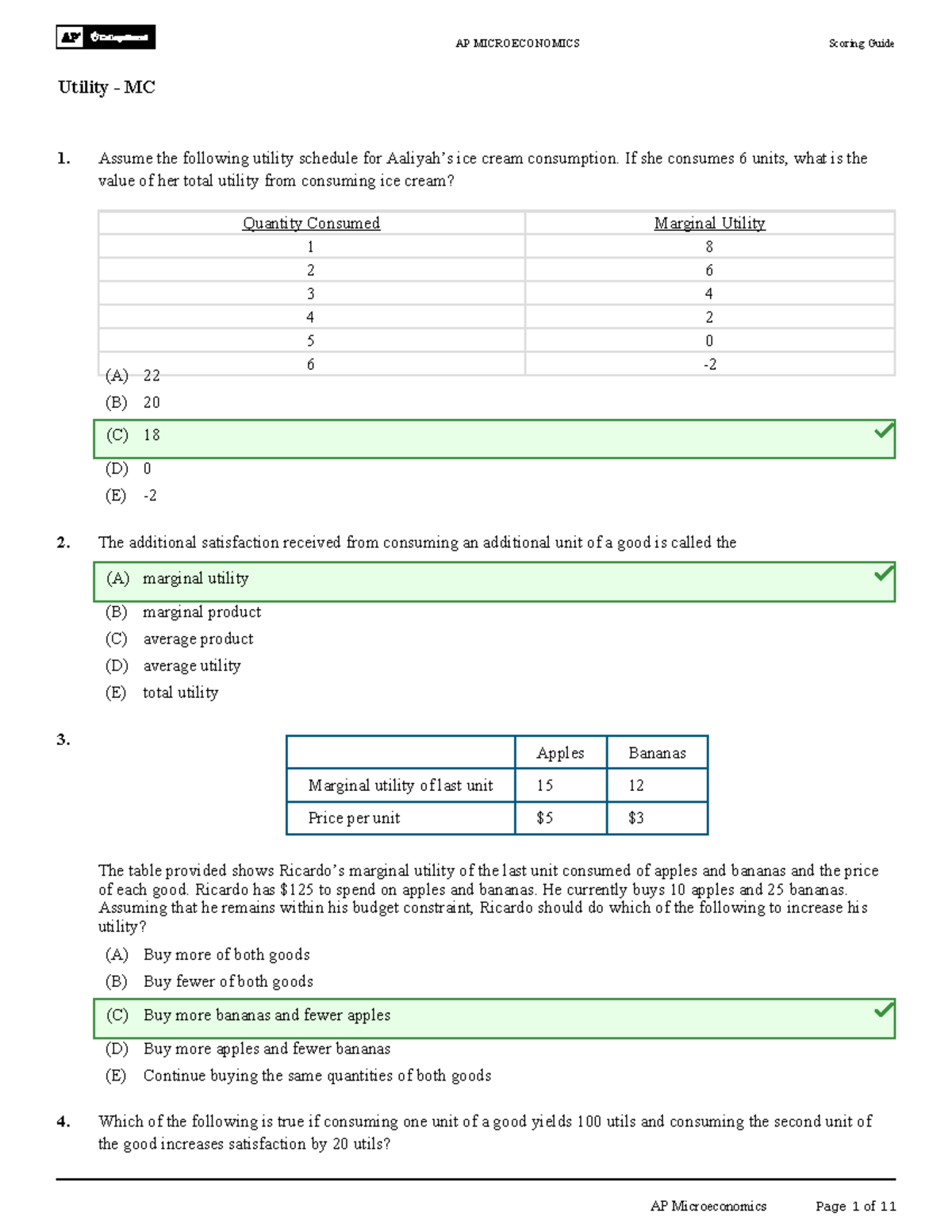 AP Microeconomics - Utility Multiple Choice Questions and Answers - Studocu