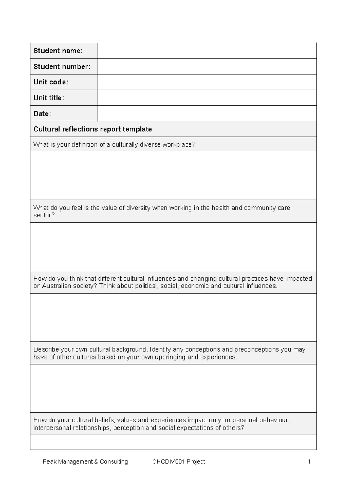 CHCDIV001 Project Cultural Reflections Report Template - Studocu