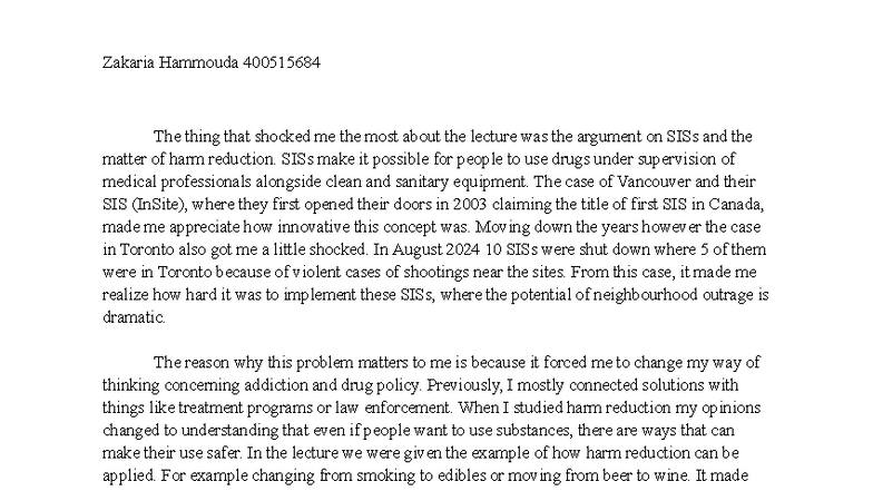 Reflection on SISs and Harm Reduction - 2SI3 - Studocu