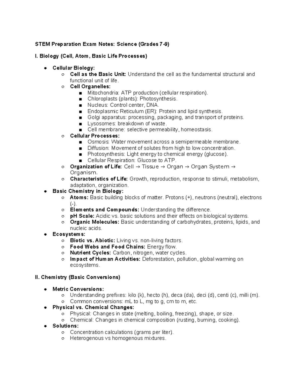 STEM 7-9 Science Entrance Exam Prep - Comprehensive Study Notes - Studocu