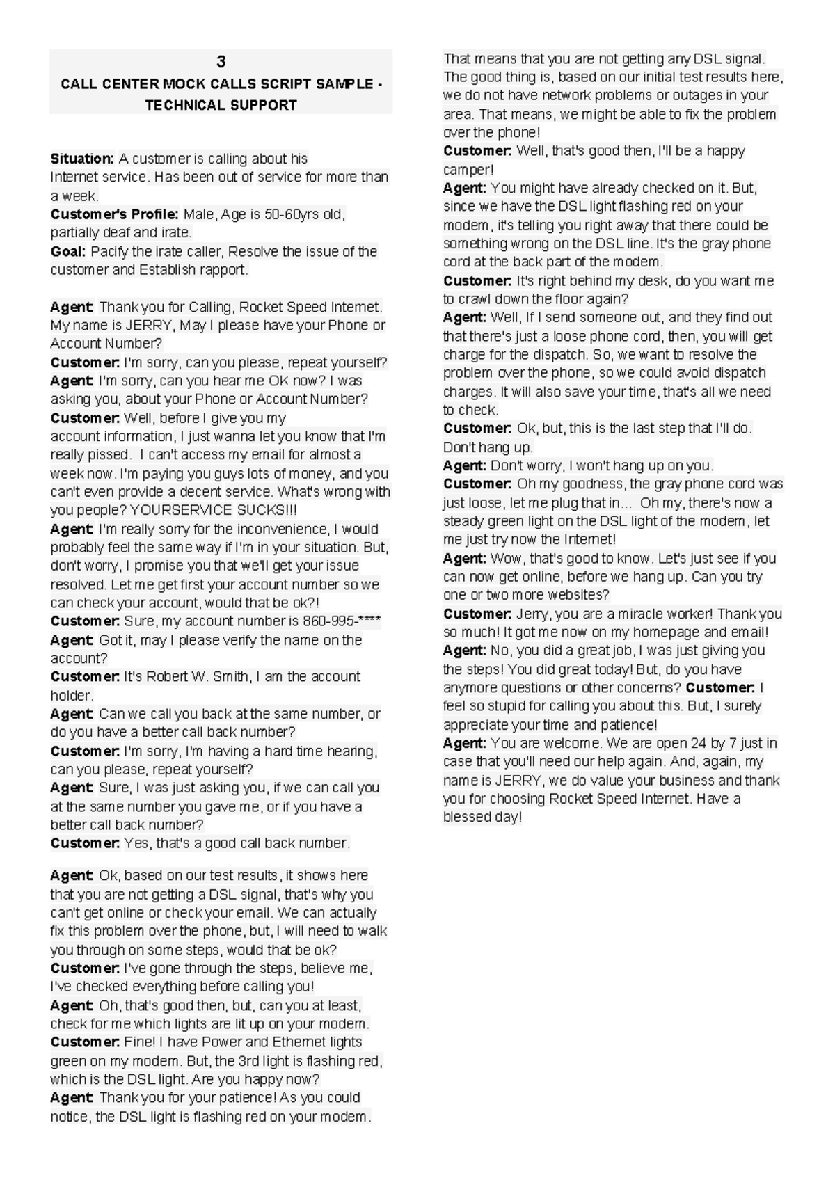 Call Center Mock Call Script - Technical Support Sample - Studocu