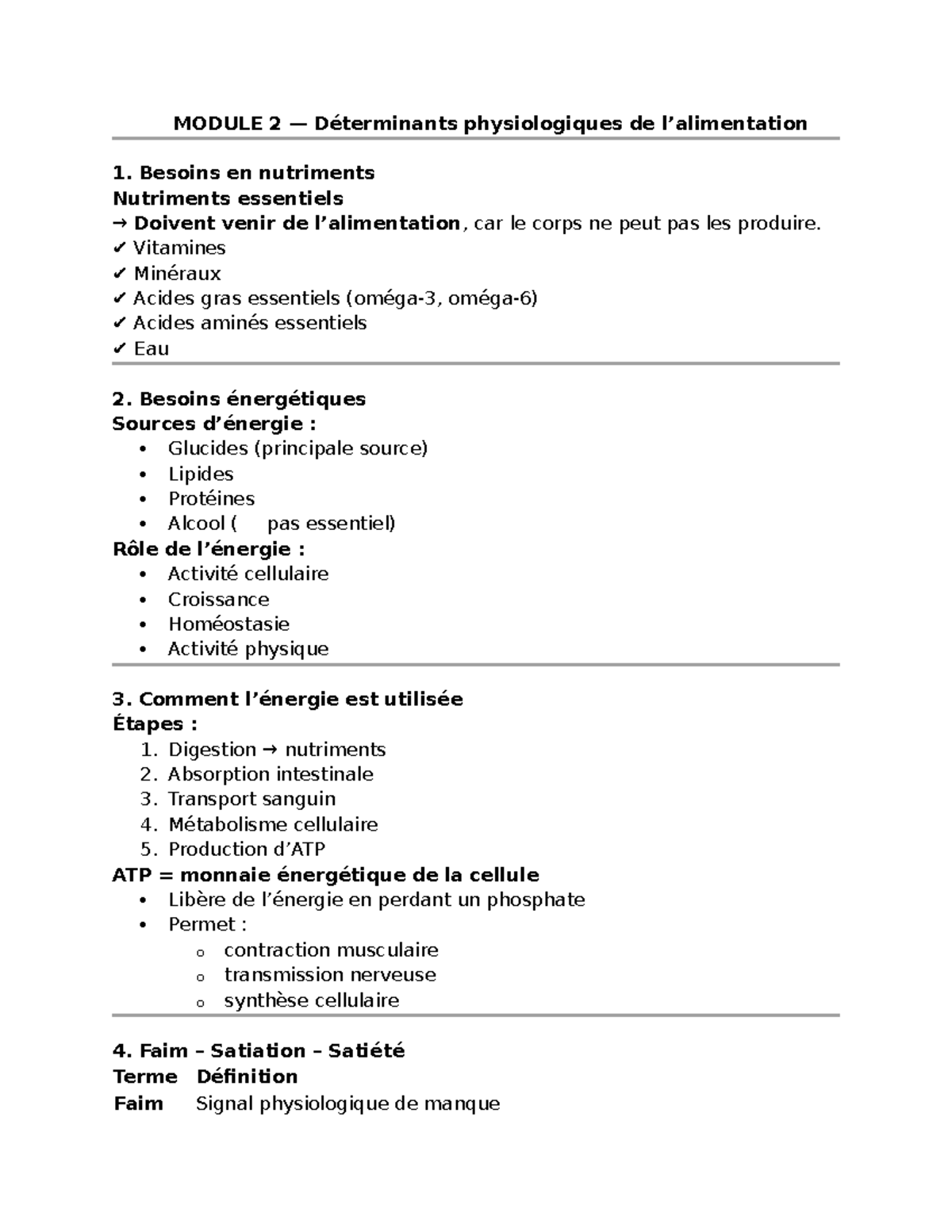 NUT 1550 Résumé Module 2 : Besoins en Nutriments et Énergie - Studocu
