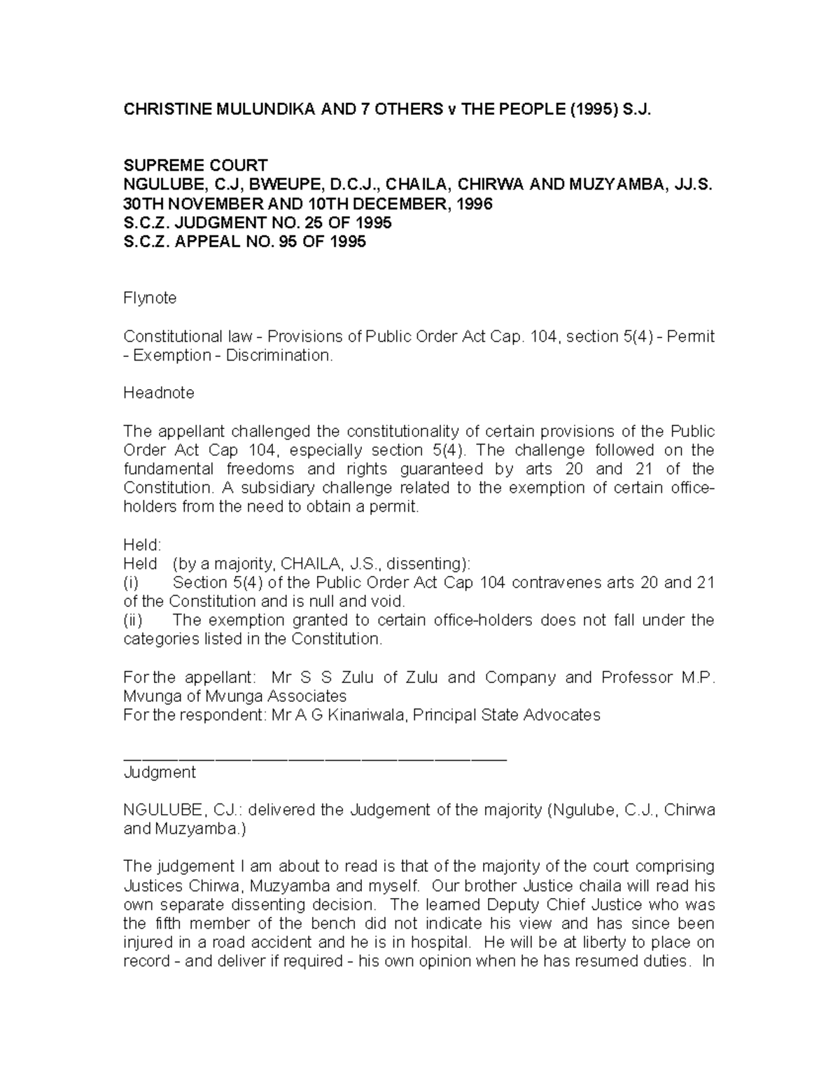S.C. JUDGMENT NO. 25 OF 1995: Christine Mulundika & 7 Others v The ...