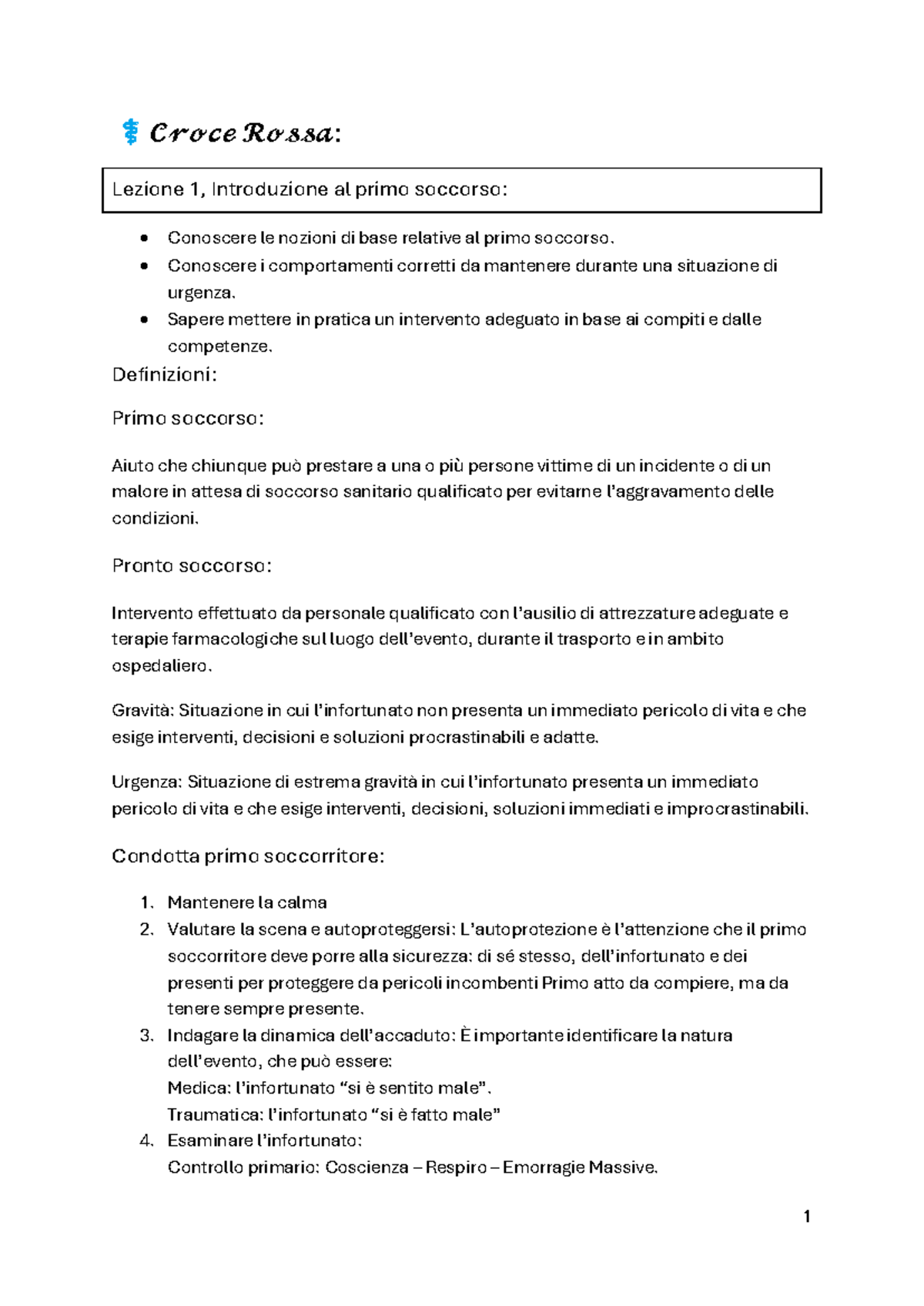 Corso 𝓒𝓻𝓸𝓬𝓮 𝓡𝓸𝓼𝓼𝓪: Lezione 1 - Introduzione al Primo Soccorso - Studocu