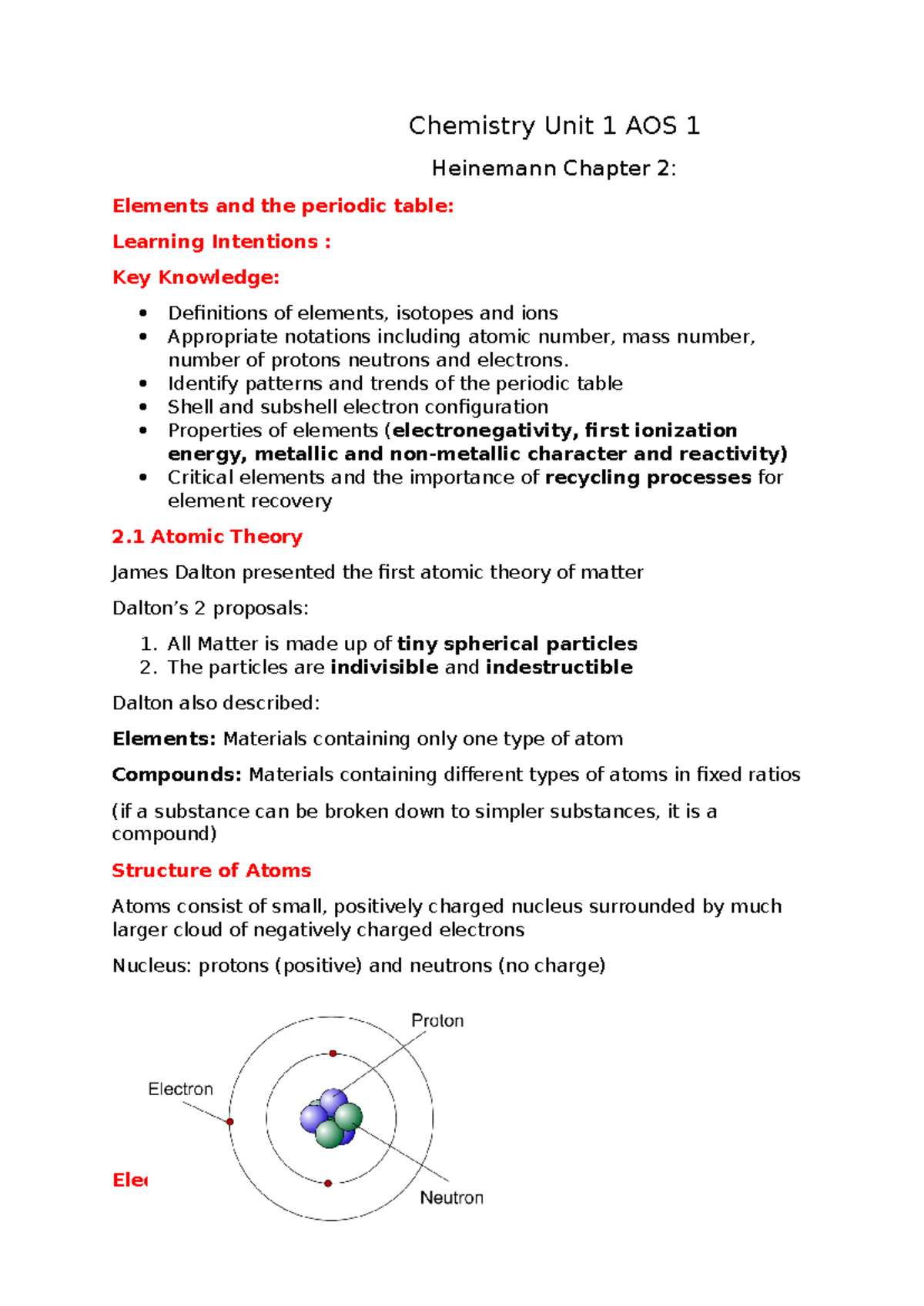 Chemistry Unit 1 AOS 1 - Heinemann Chapter 2 & 3 Notes - Studocu