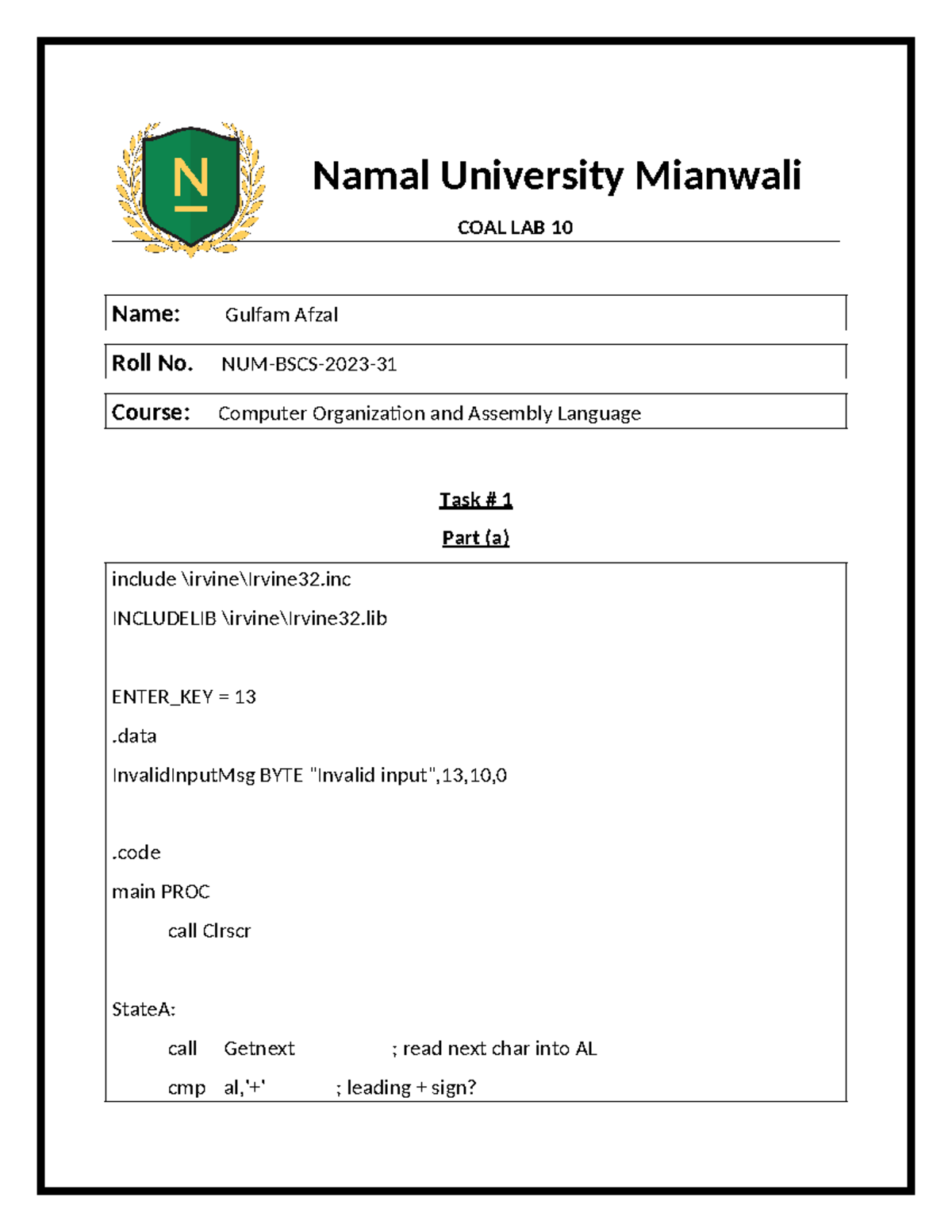 COAL Lab 10 - lab 10 - Namal University Mianwali COAL LAB 10 Name ...