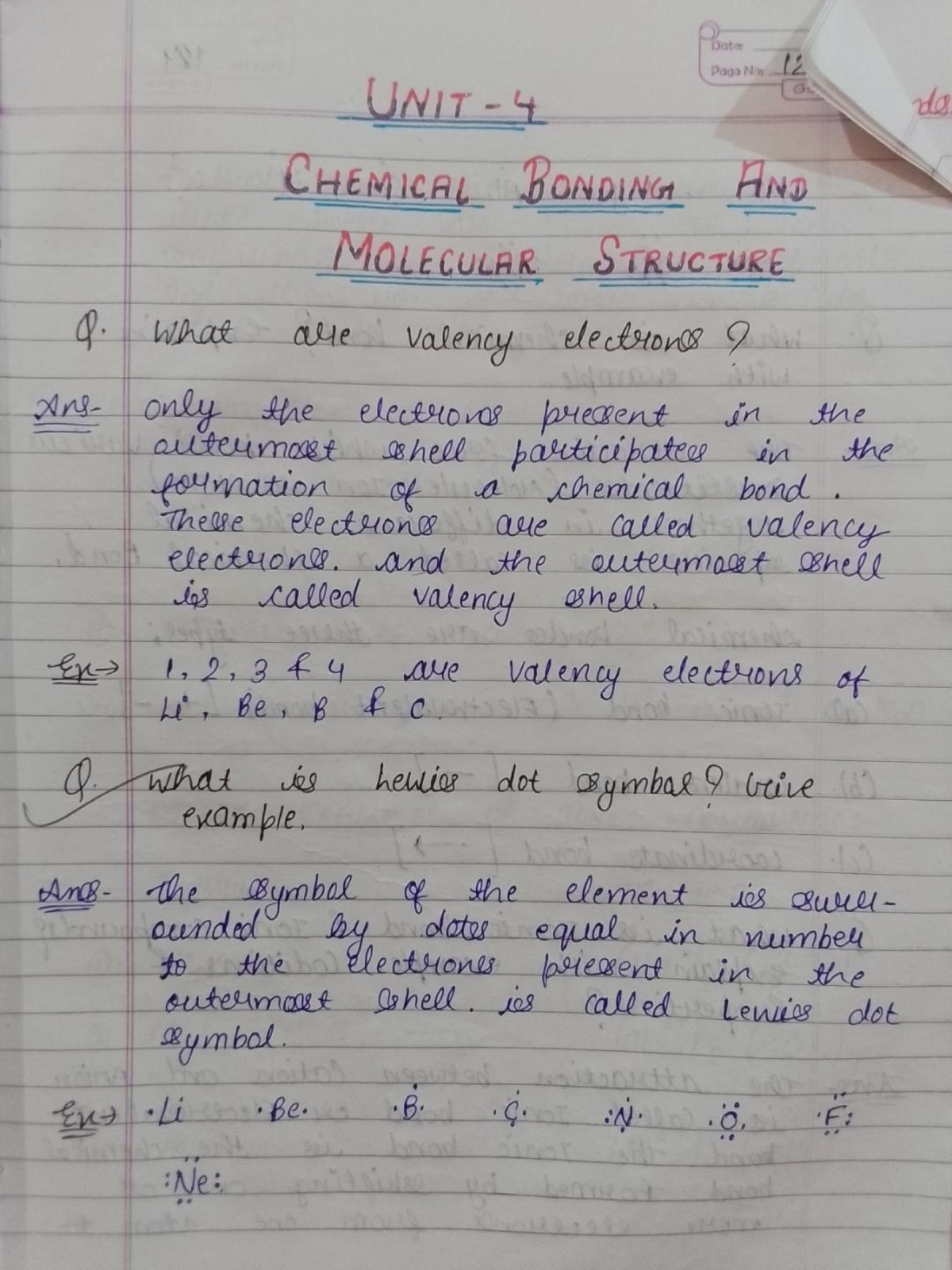 Unit - 4 Chemical Bonding and Molecular Structure - Date Paga Not 12 ...