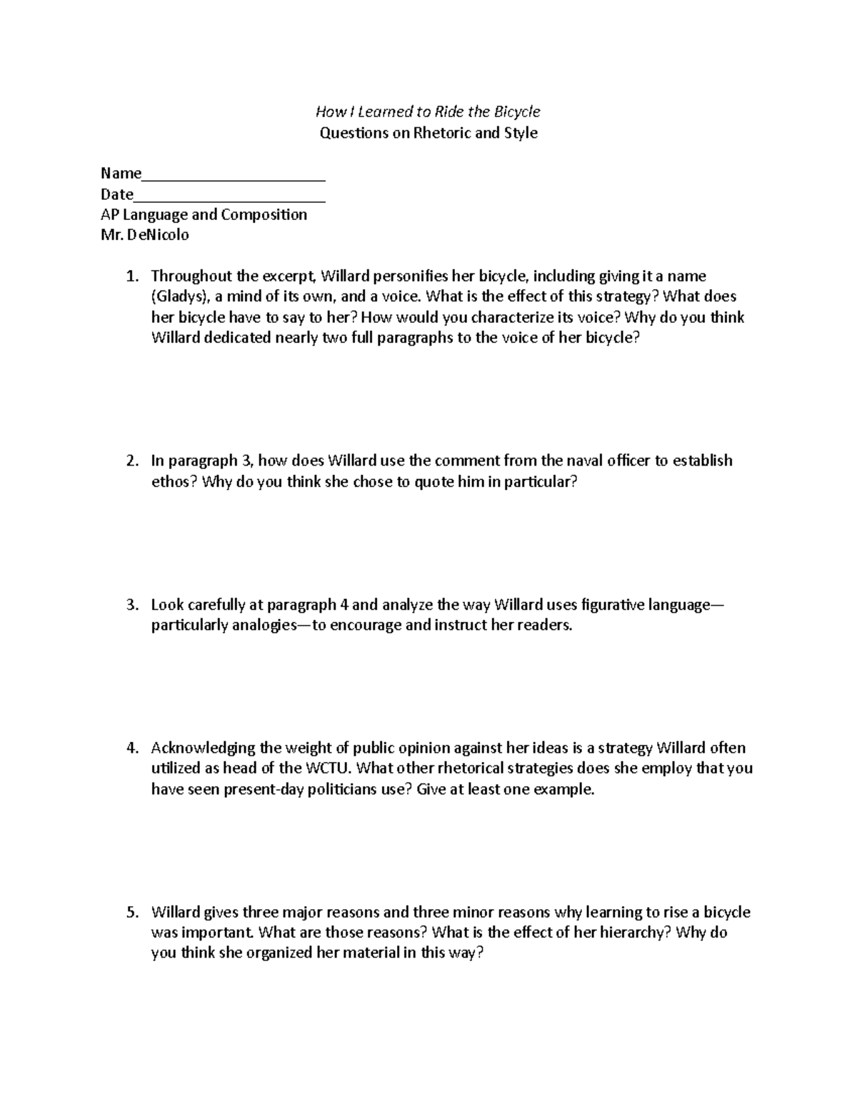 AP Language & Comp: Rhetoric & Style Analysis of Willard's Bicycle ...