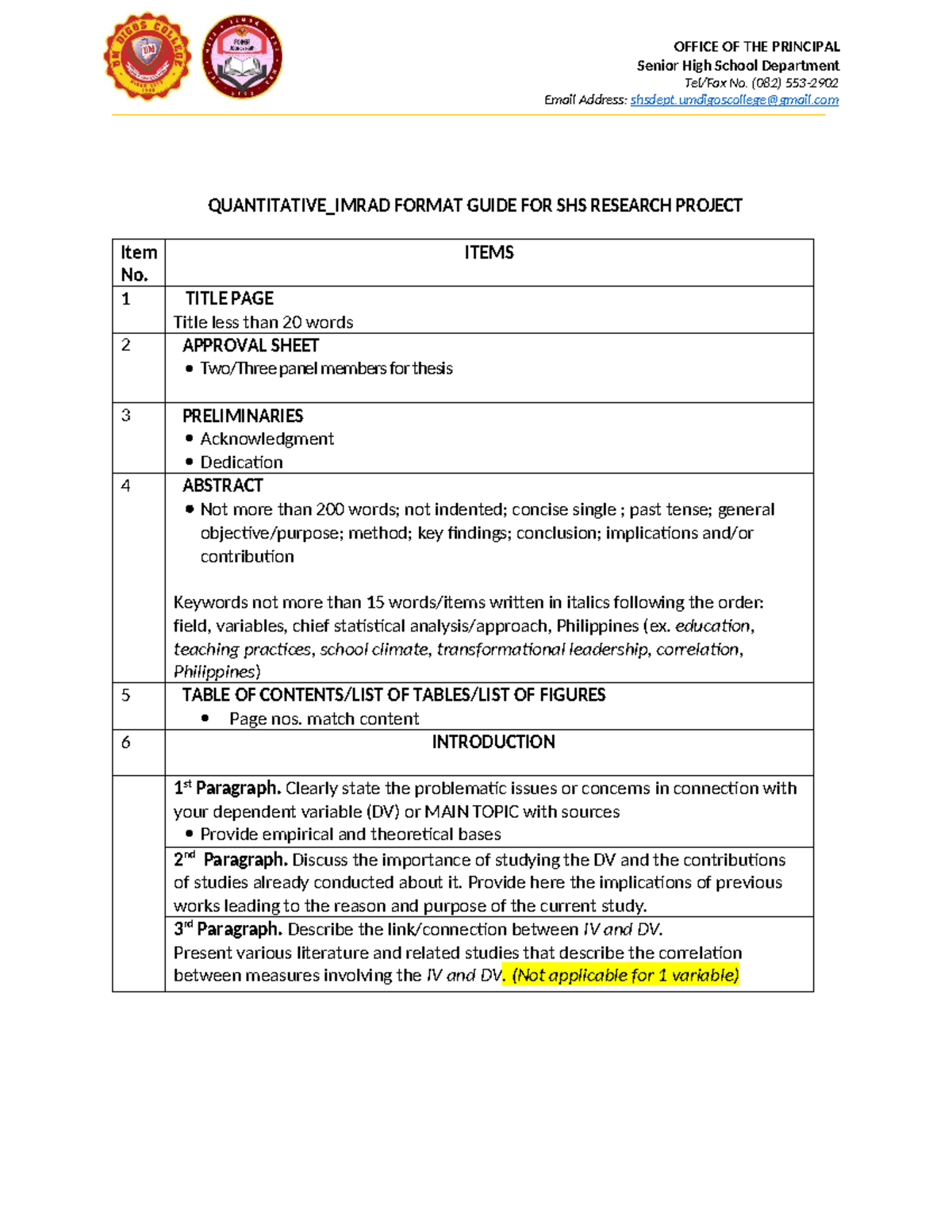 IMRAD Format Guide for SHS Research Project (082) - Studocu