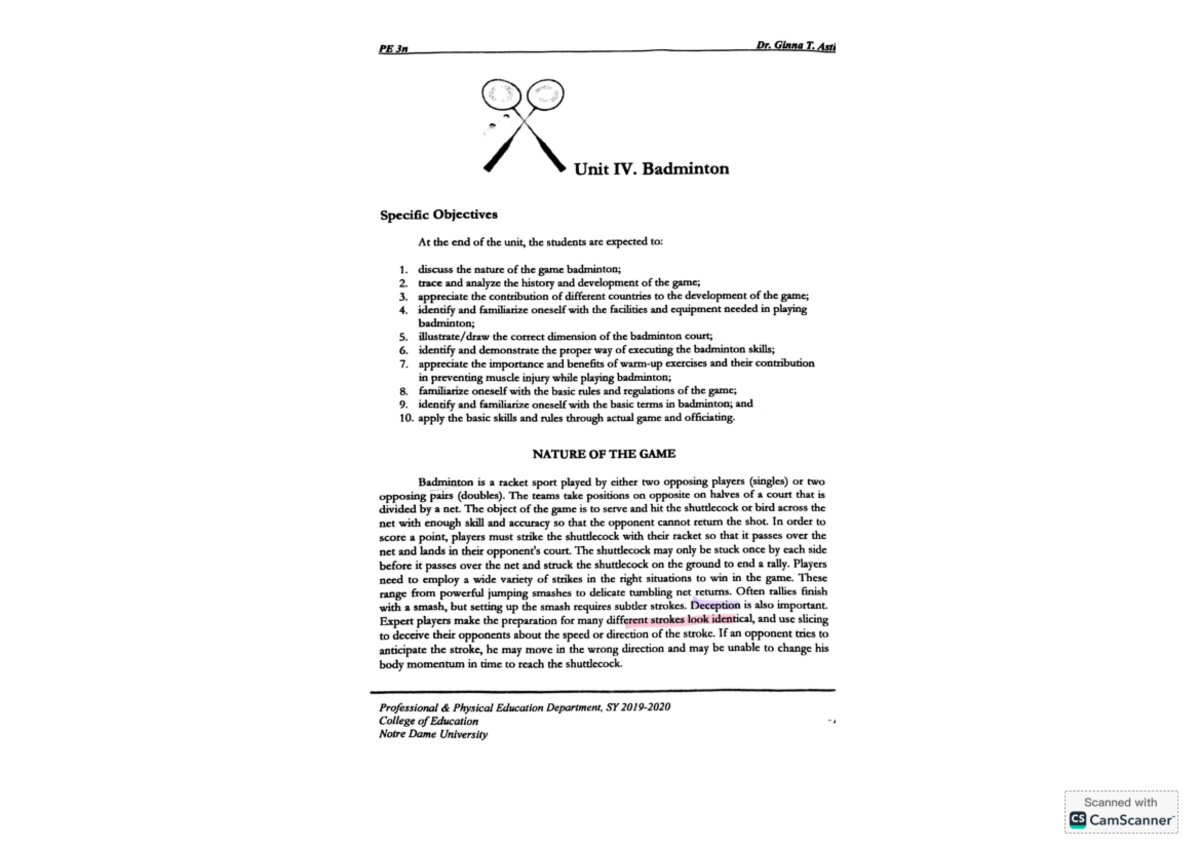 Badminton Group 1 5 - PDF file - PE 3n Dr. Ginna T. Asti Unit IV ...
