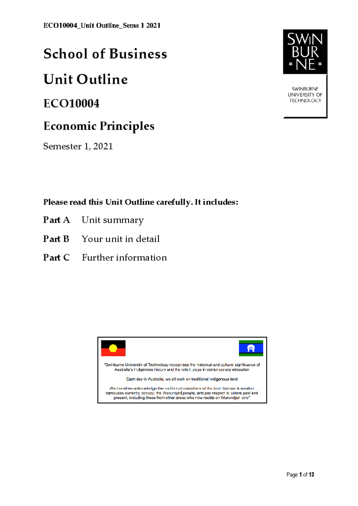 ECO10004 Economic Principles Unit Outline Semester 1, 2021 - Studocu
