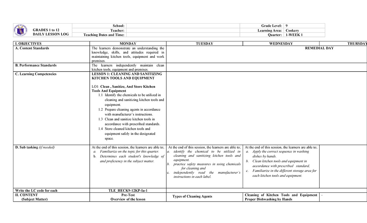 Cookery 9 DLL - hi hello - GRADES 1 to 12 DAILY LESSON LOG School ...