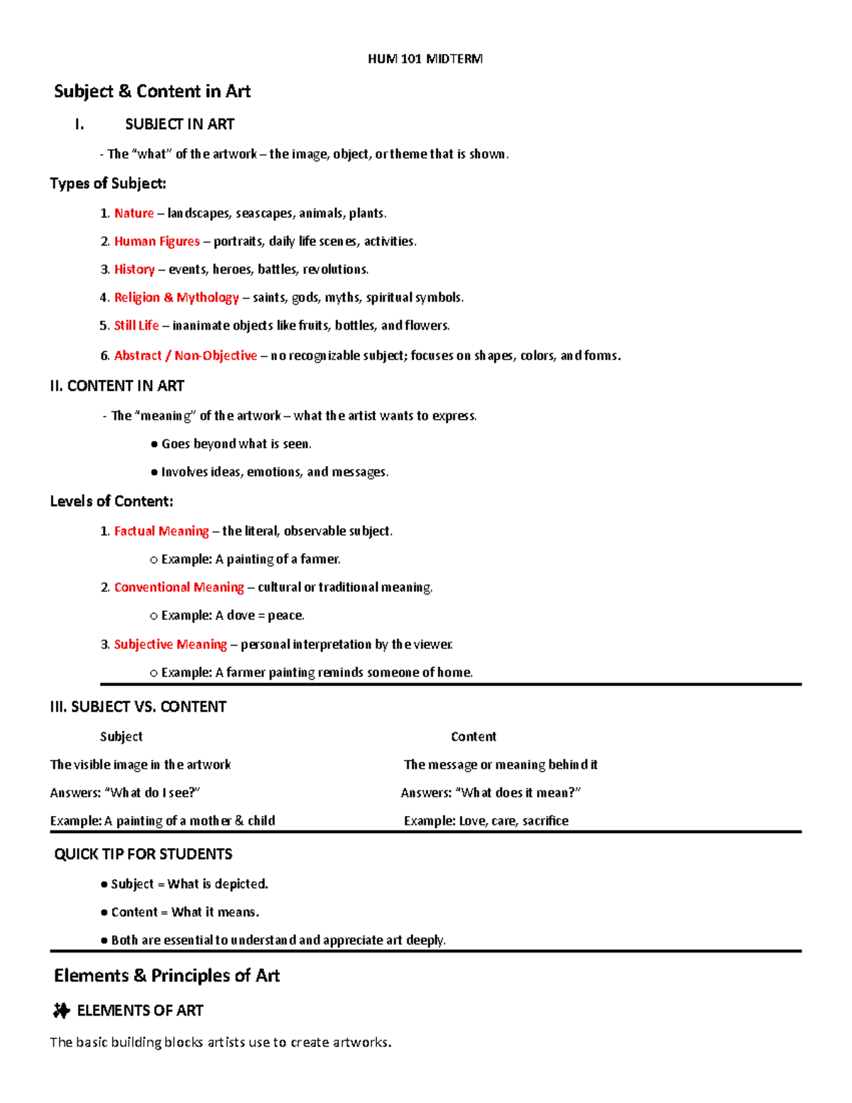 HUM 101 MIDTERM: Understanding Subject and Content in Art - Studocu