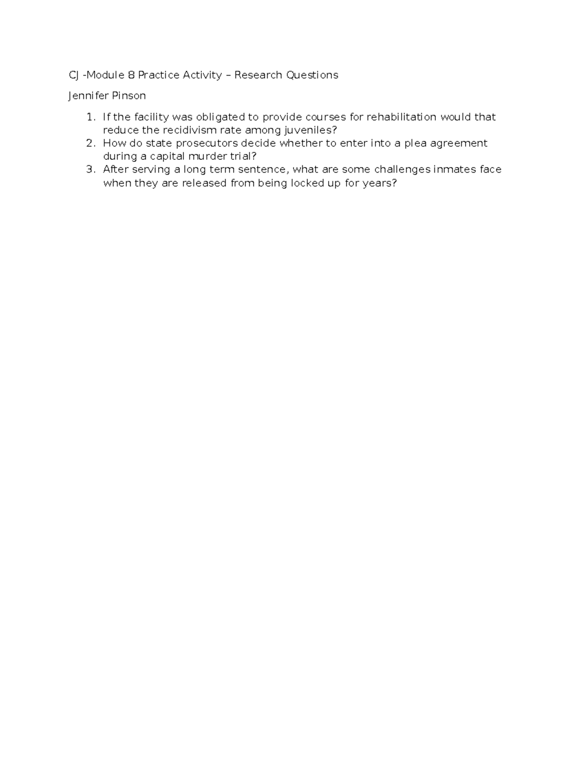 CJ 210 Module Eight Practice Activity Jennifer Pinson - CJ 210 - CJ -Module 8 Practice Activity ...