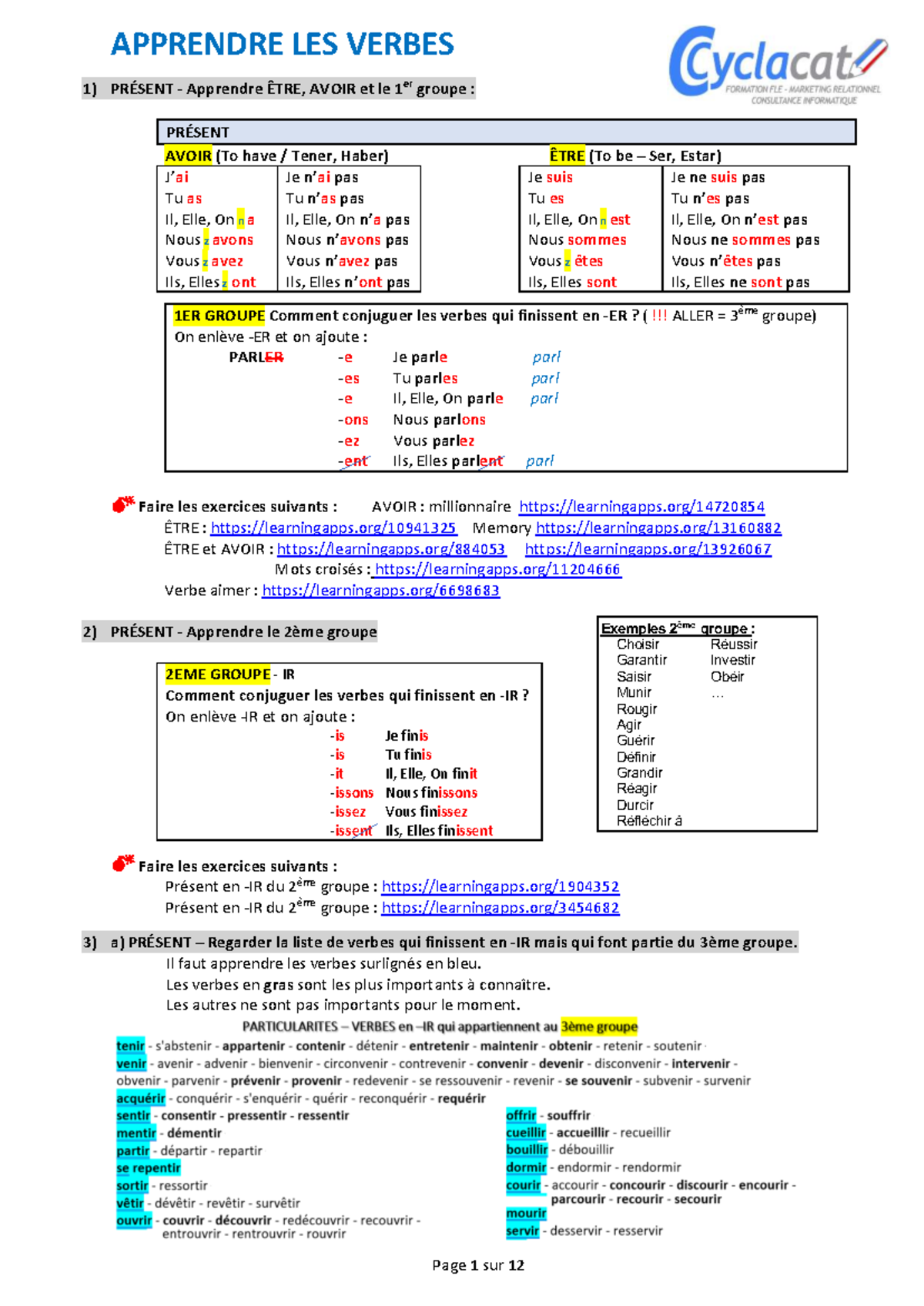 Fiche de Conjugaison des Verbes au Présent - APPRENDRE LES VERBES - Studocu