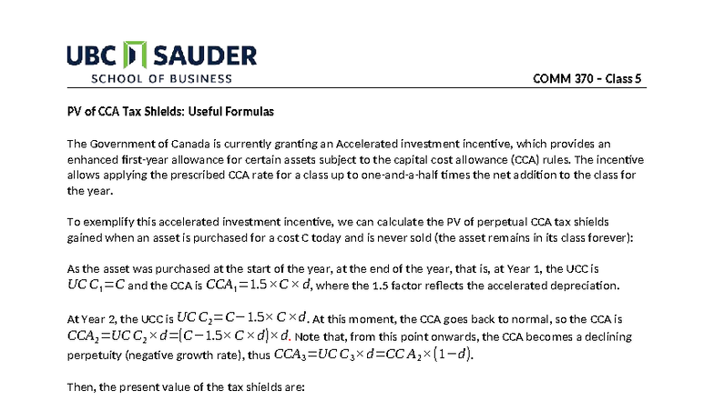 COMM 370 Class 5 - PV of CCA Tax Shields & Formulas - Studocu